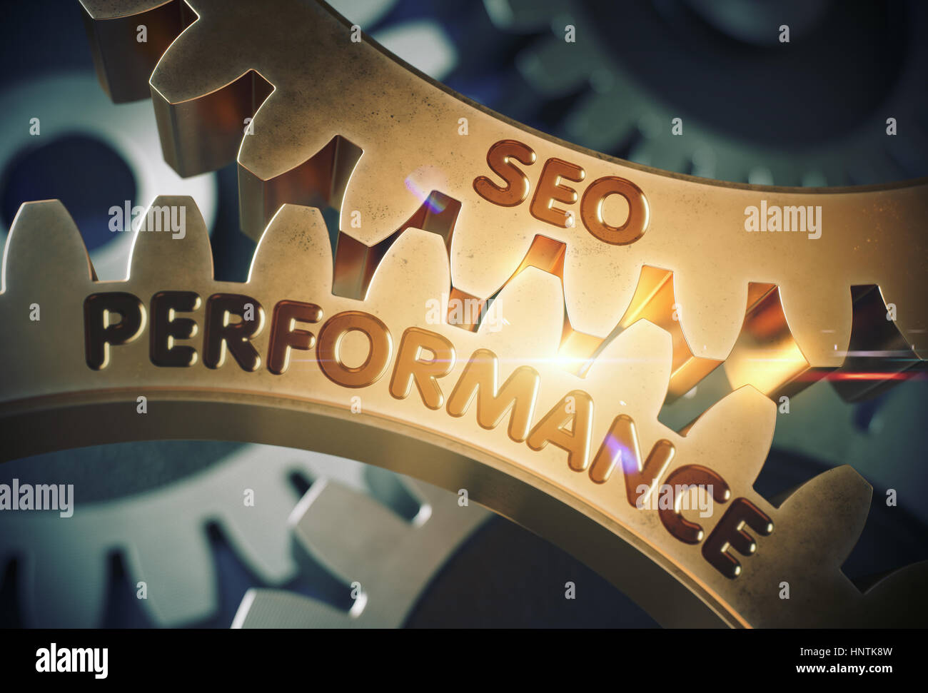 SEO Performance on Golden Metallic Gears. 3D Illustration Stock Photo ...