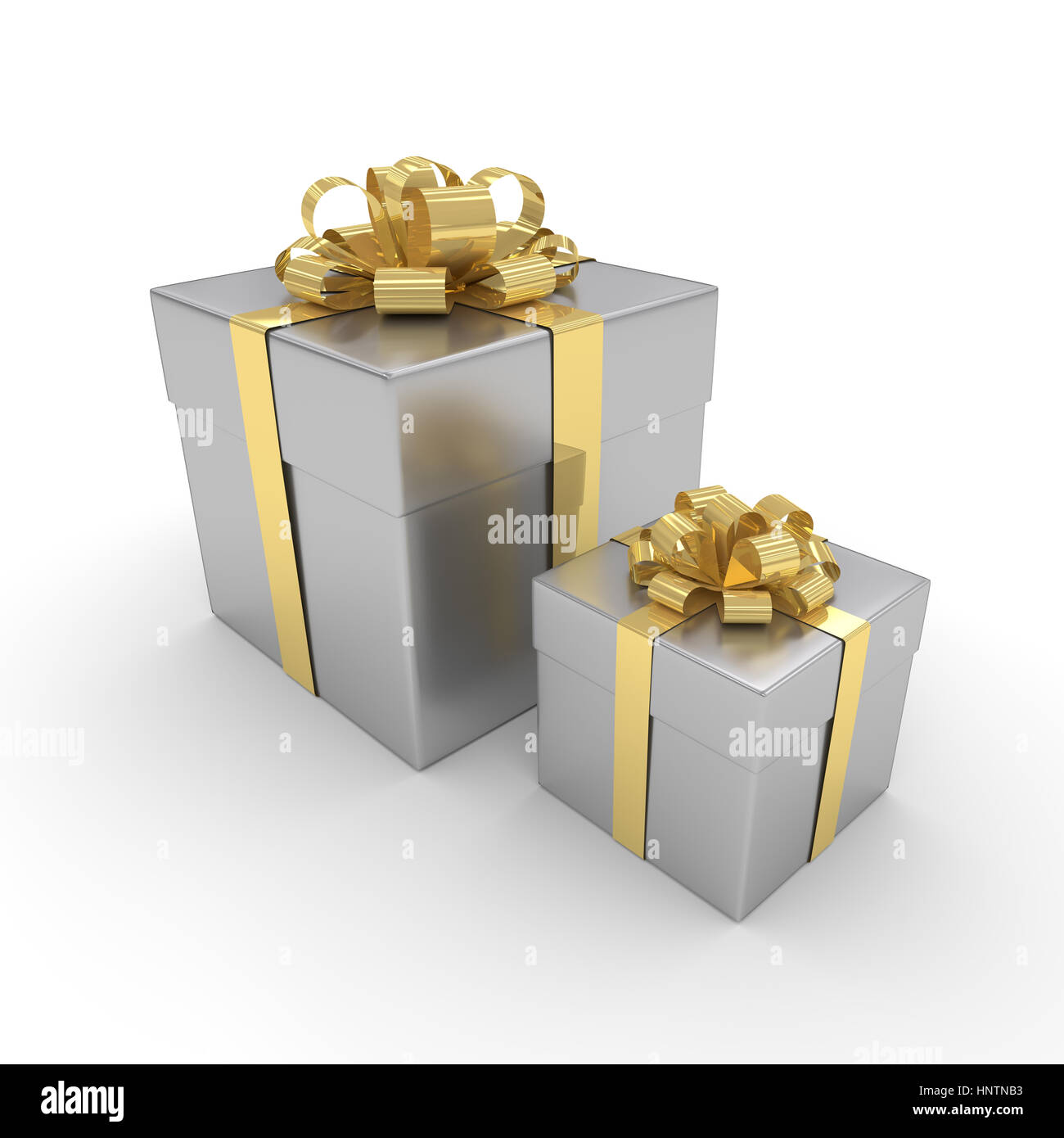 3d rendering of silver gift boxes with golden ribbon isolated over ...