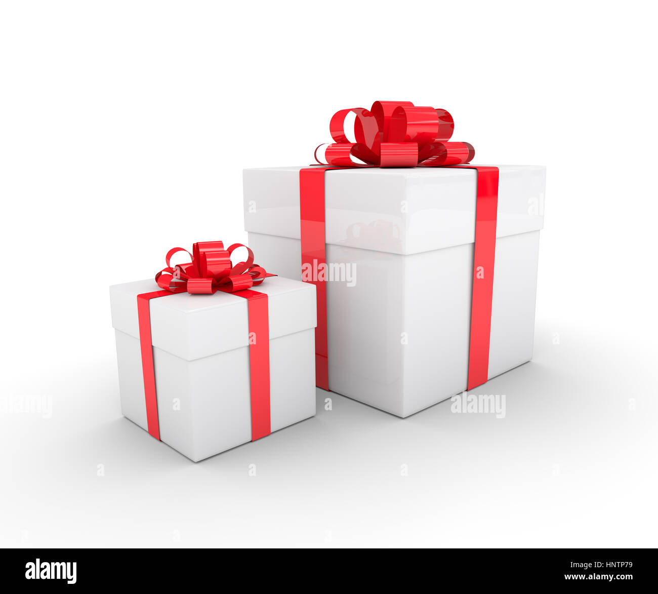 3d rendering of white gift boxes with red ribbon isolated over white ...