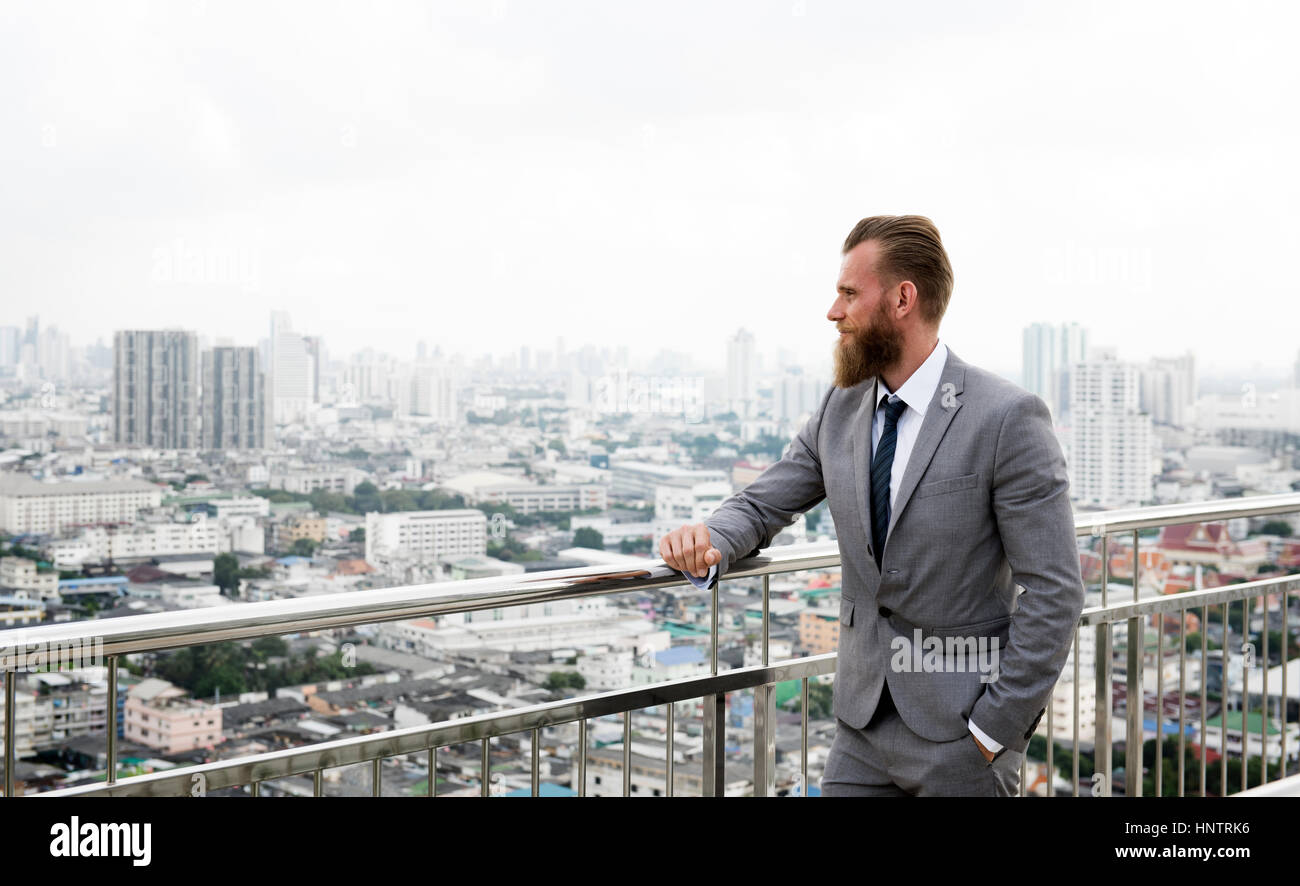 Caucasian Business Man Standing Railings City View Stock Photo - Alamy