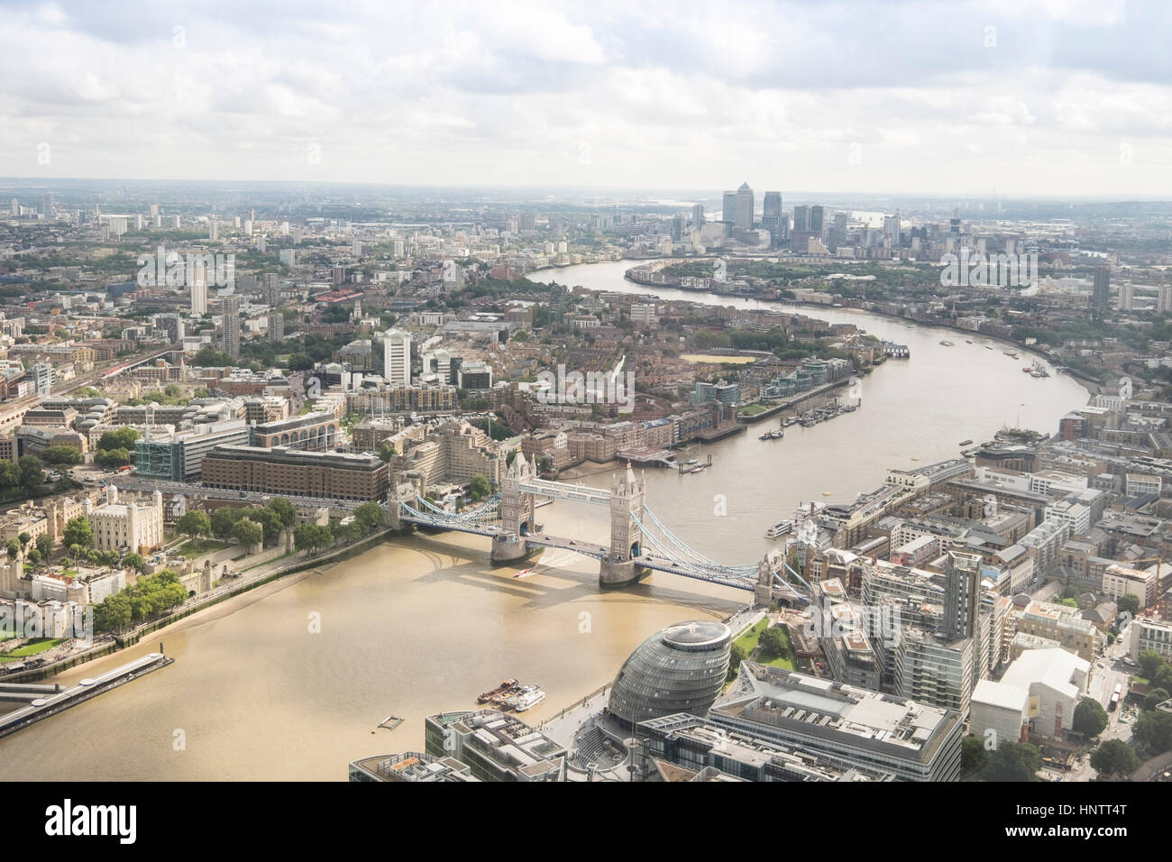 An aerial view of the city of London, England, overlooking Tower Bridge ...