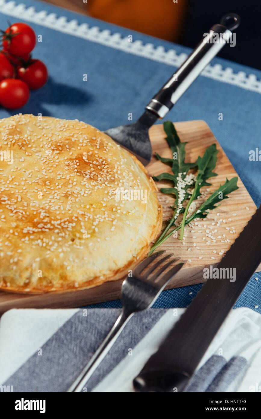 Pie with meat, homemade cakes. Advertising shooting menu Stock Photo ...