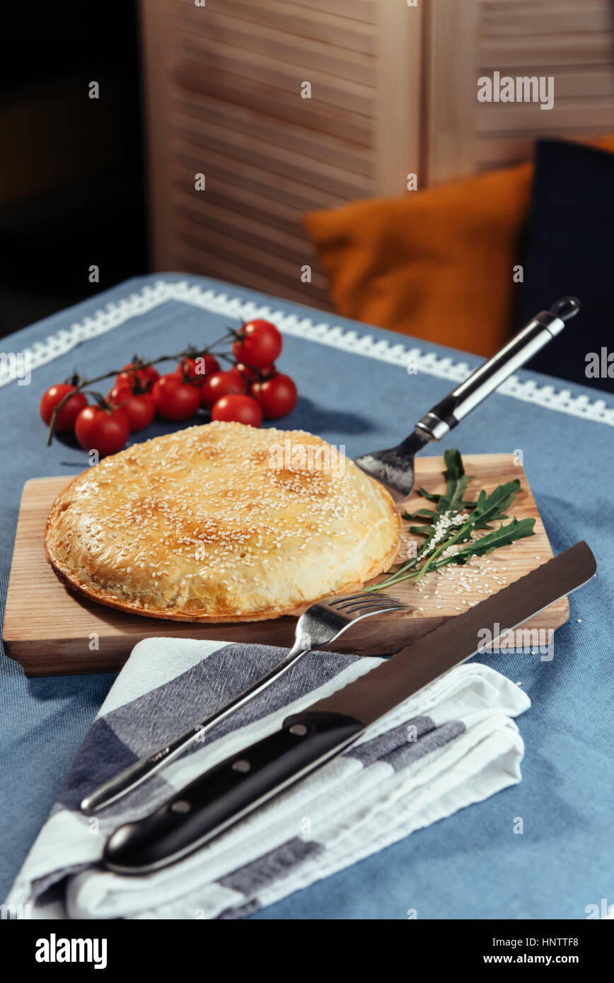 Pie with meat, homemade cakes. Advertising shooting menu Stock Photo ...