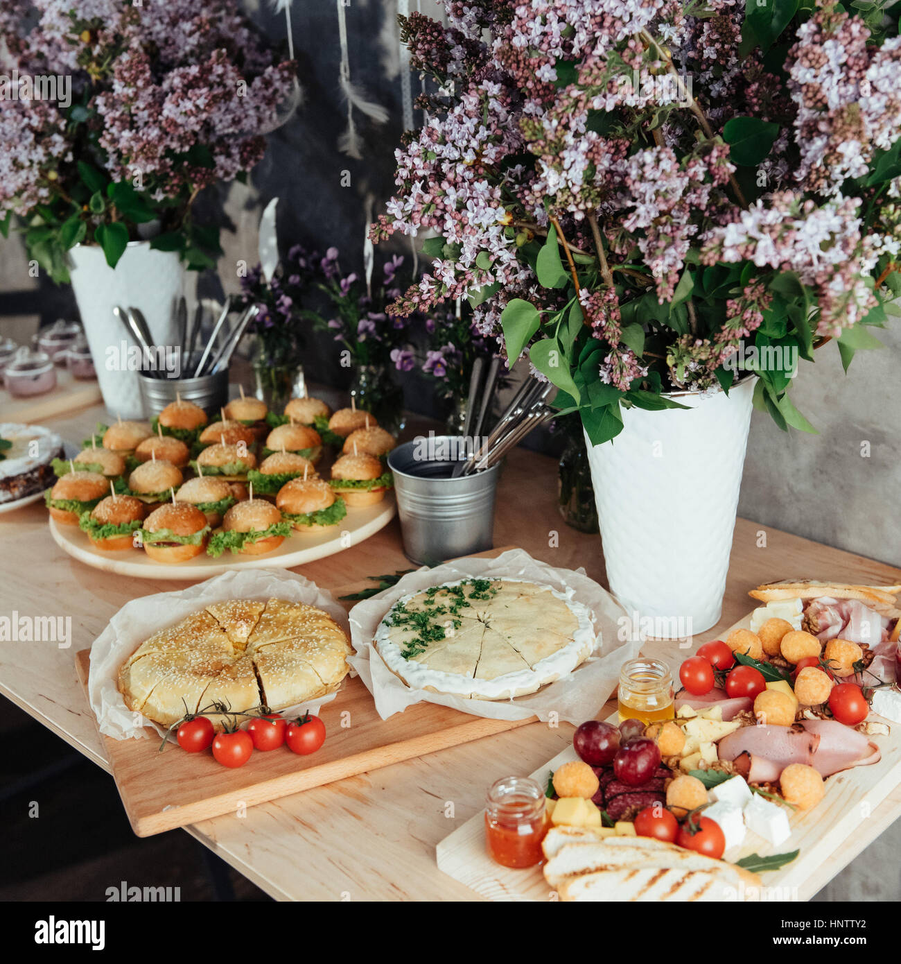 Canapes and drinks a desserts on the buffet table Stock Photo - Alamy