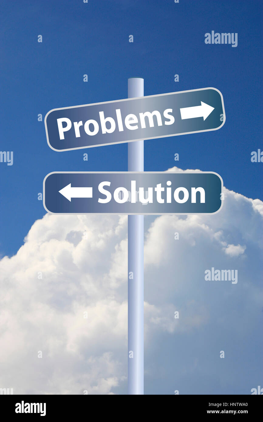 Problems vs solution ahead road sign concept, against white stormy ...