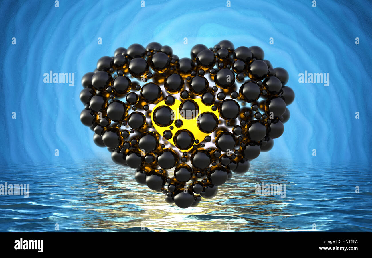 black heart made of spheres with reflections isolated on involute ...