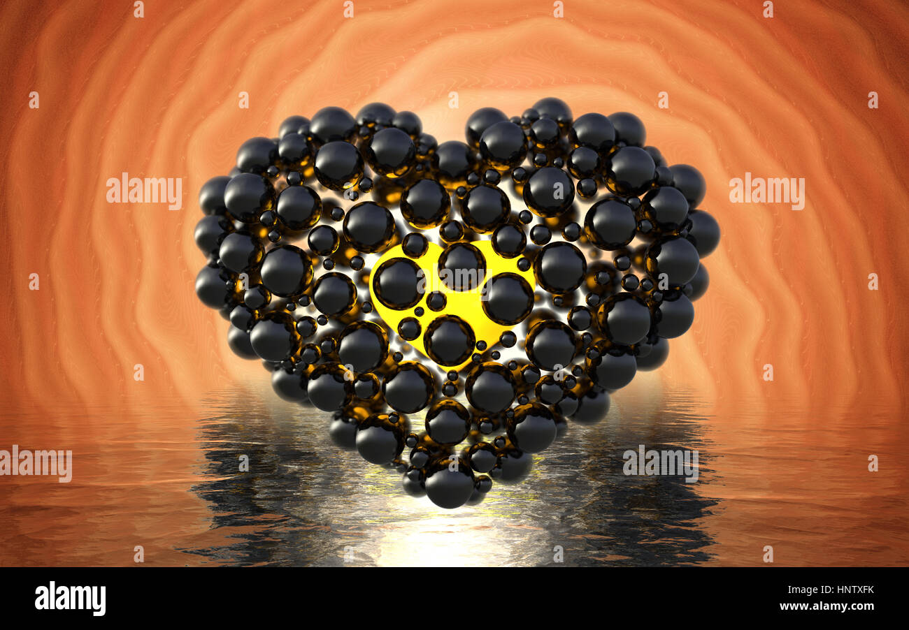 black heart made of spheres with reflections isolated on involute ...