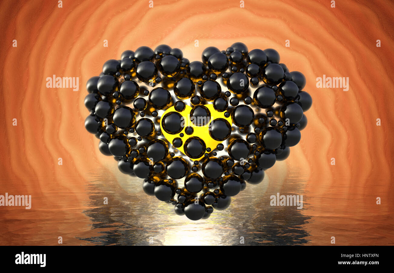 black heart made of spheres with reflections isolated on involute ...