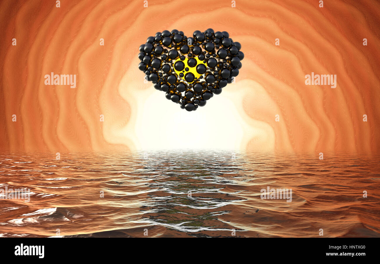 black heart made of spheres with reflections isolated on involute ...