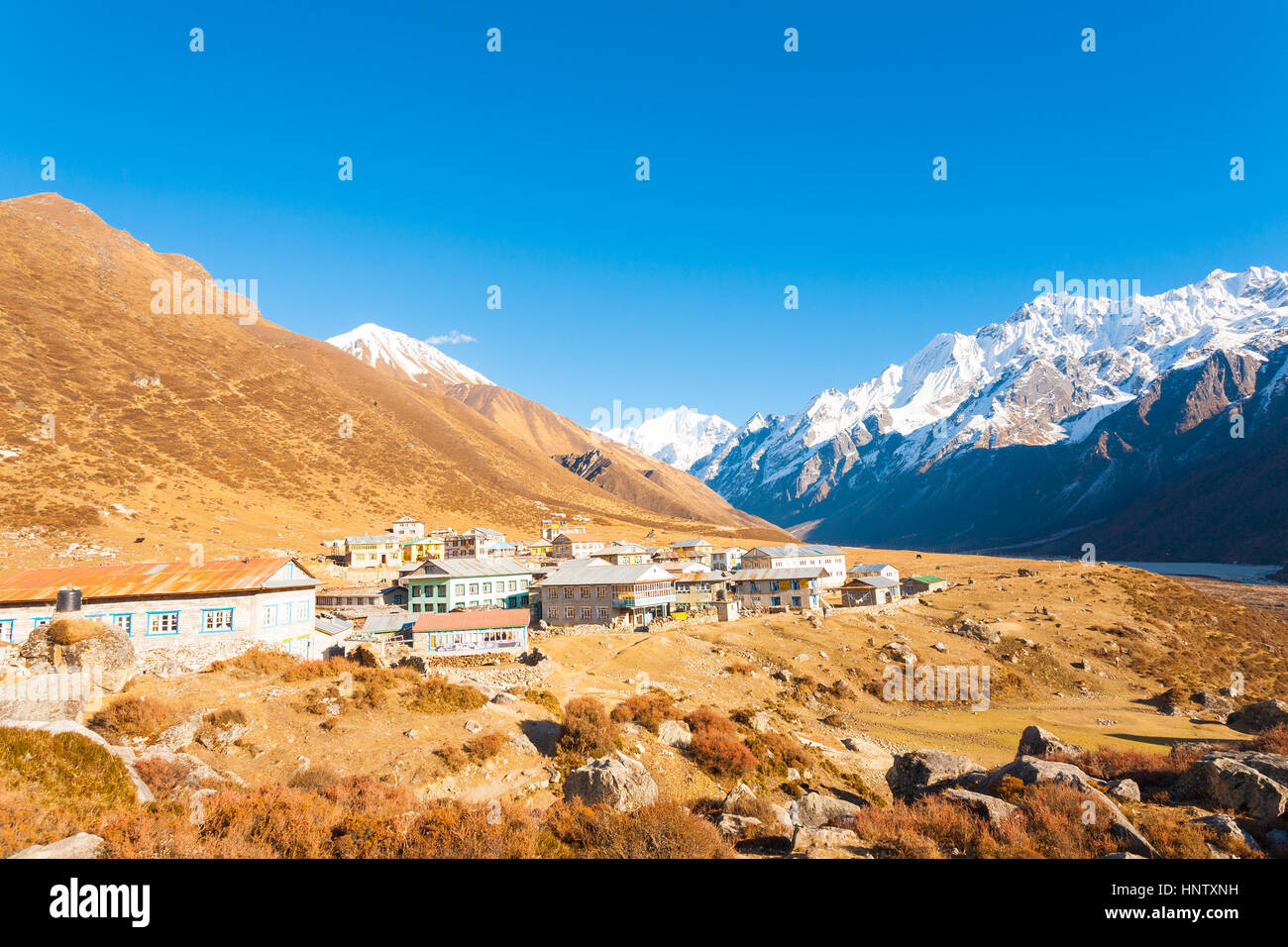 High altitude Kyanjin Gompa village sits in Langtang Valley at base of Himalayas Mountain range ...