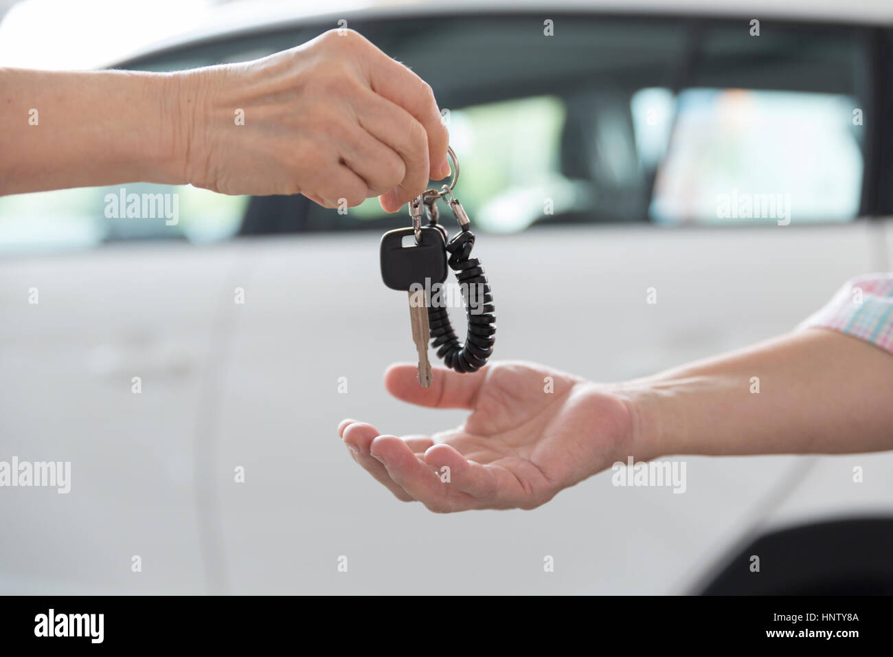 people's hand give and get car key with white car background Stock ...