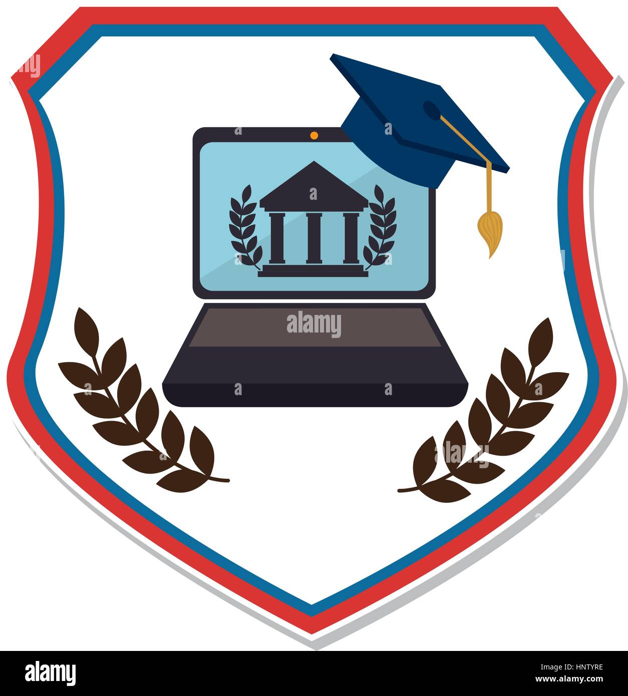 shield emblem with graduation cap and laptop vector illustration Stock ...