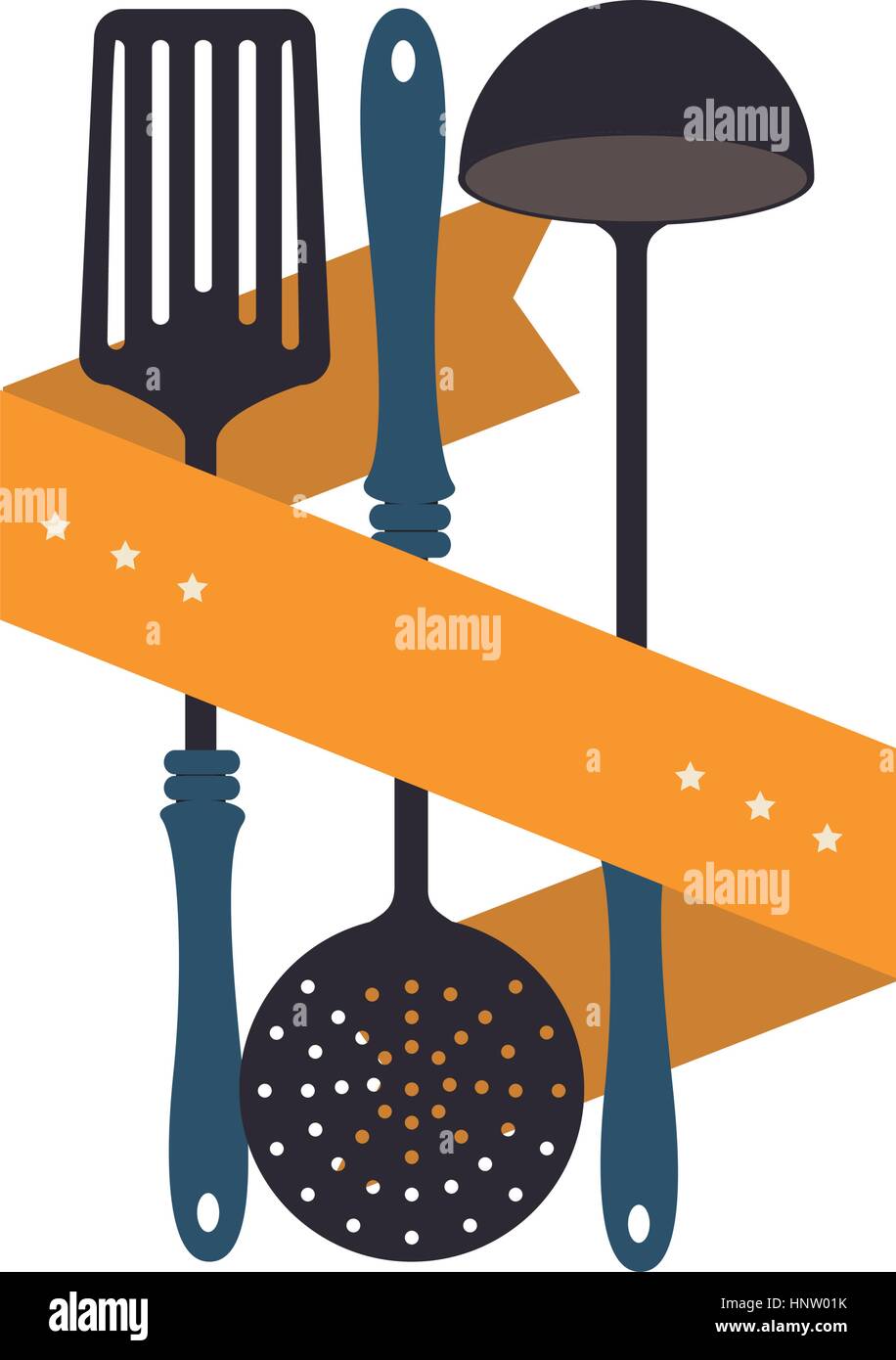 color silhouette and ribbon with frying spoon set vector illustration ...