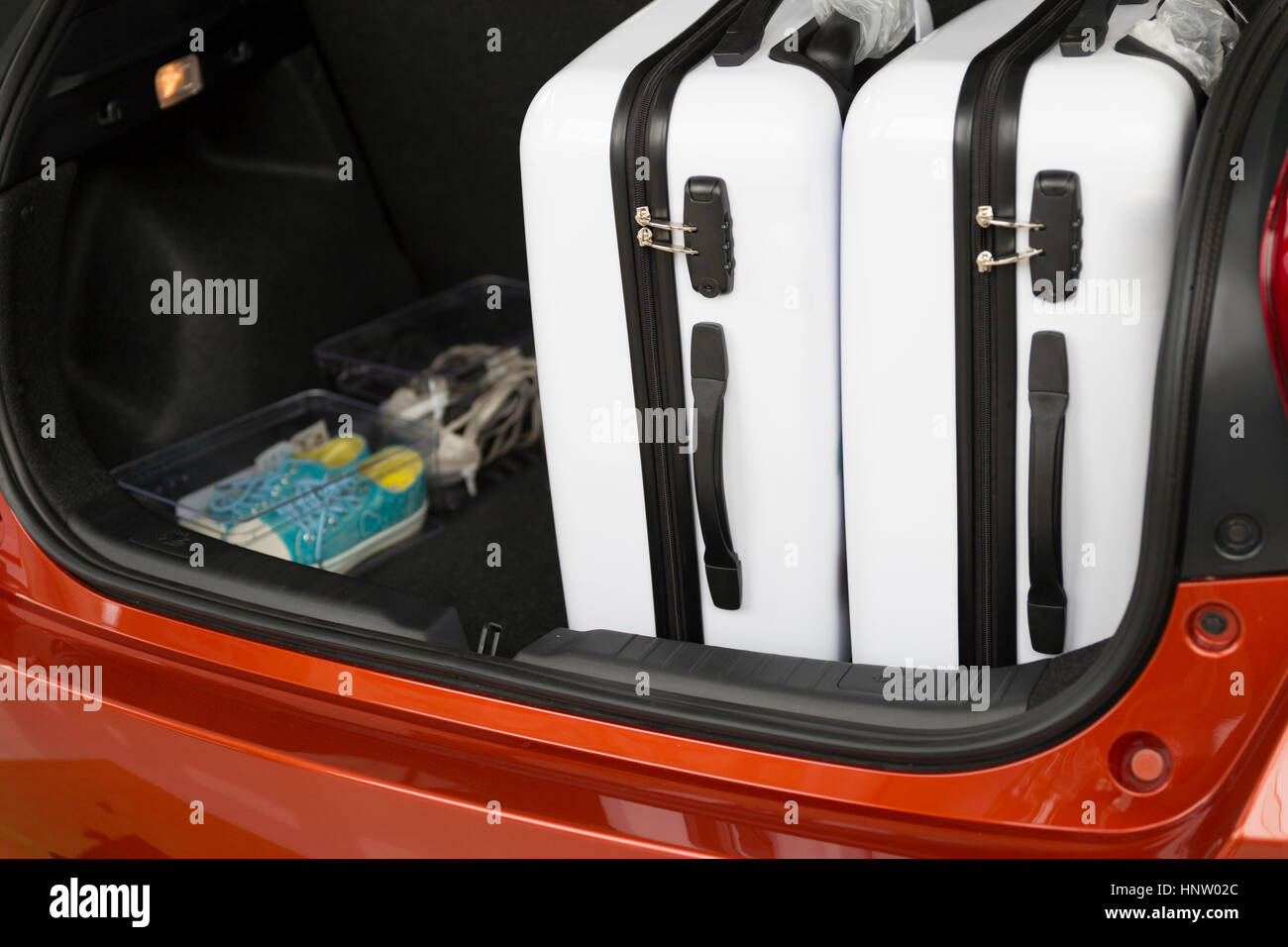 luggage in car trunk for traveling and vacation concept Stock Photo - Alamy