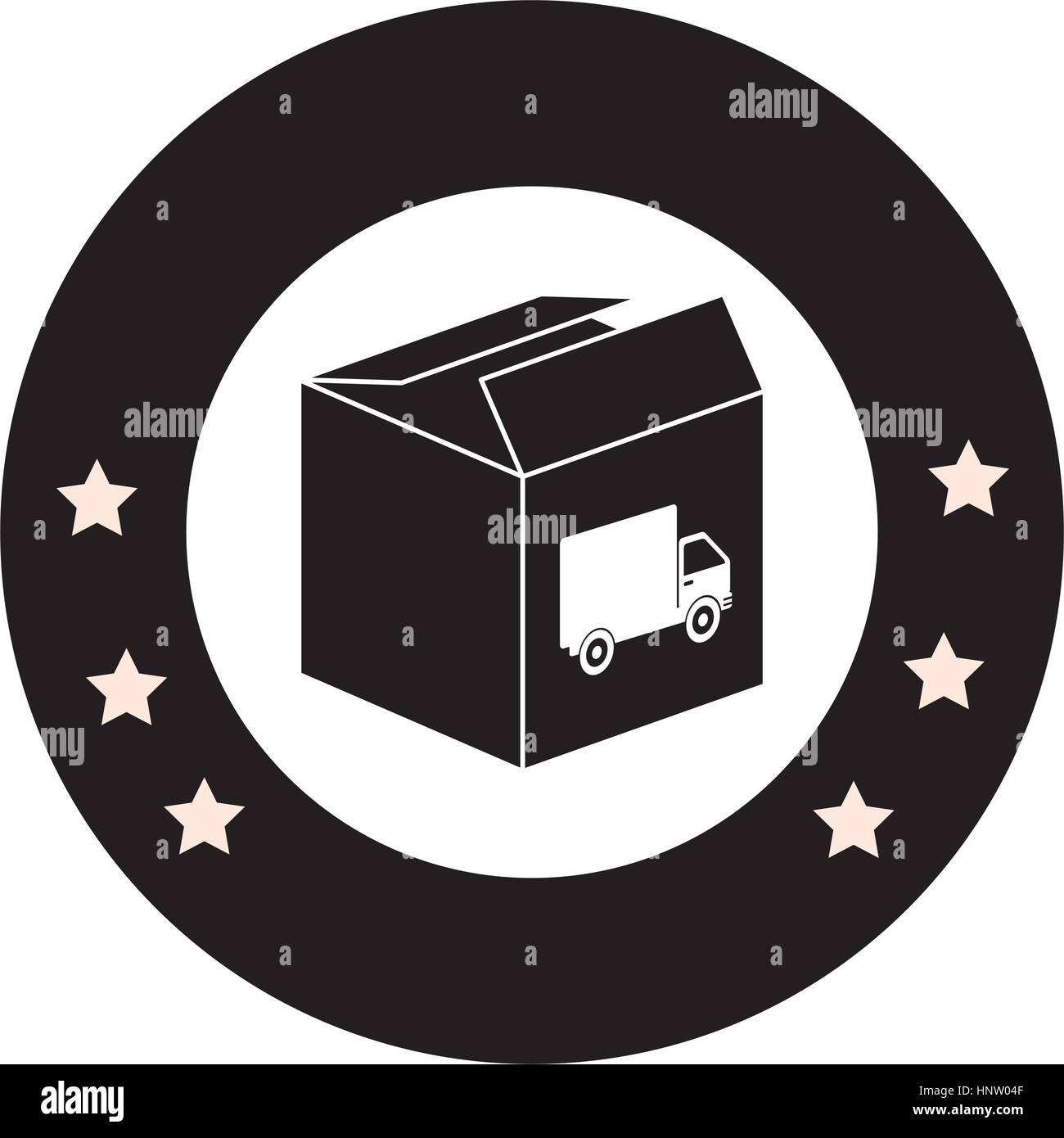 monochrome circular emblem with open packing box with truck stamp ...
