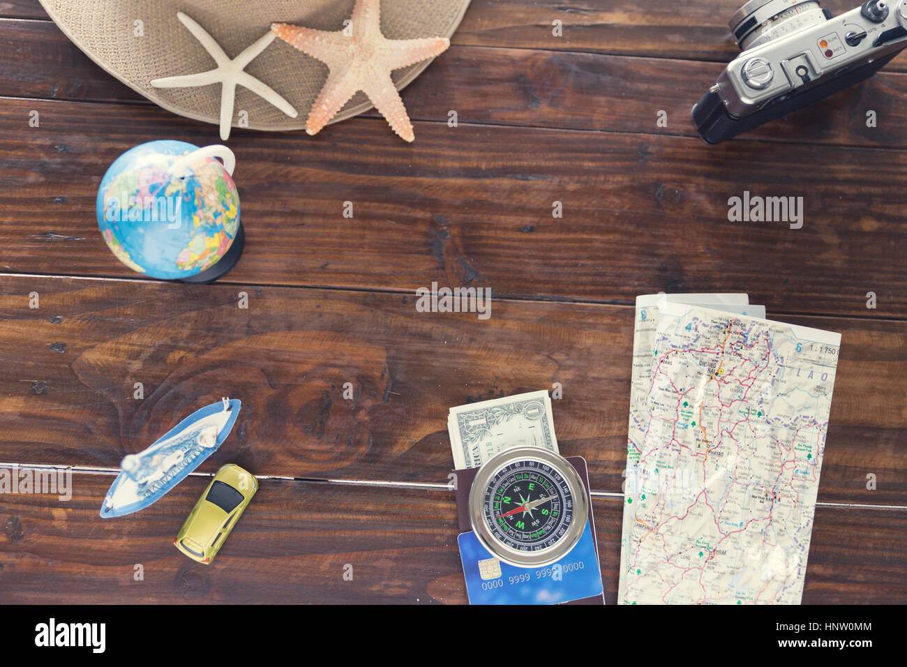 hat, compass, passport, credit card, banknote money, globe, camera, map ...