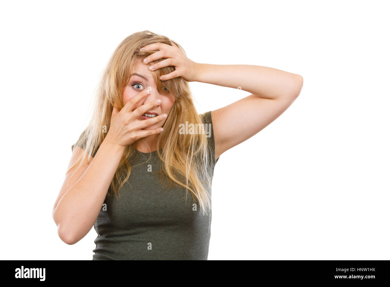 Emotions, embarrassment, awkwardness gestures concept. Ashamed blonde ...