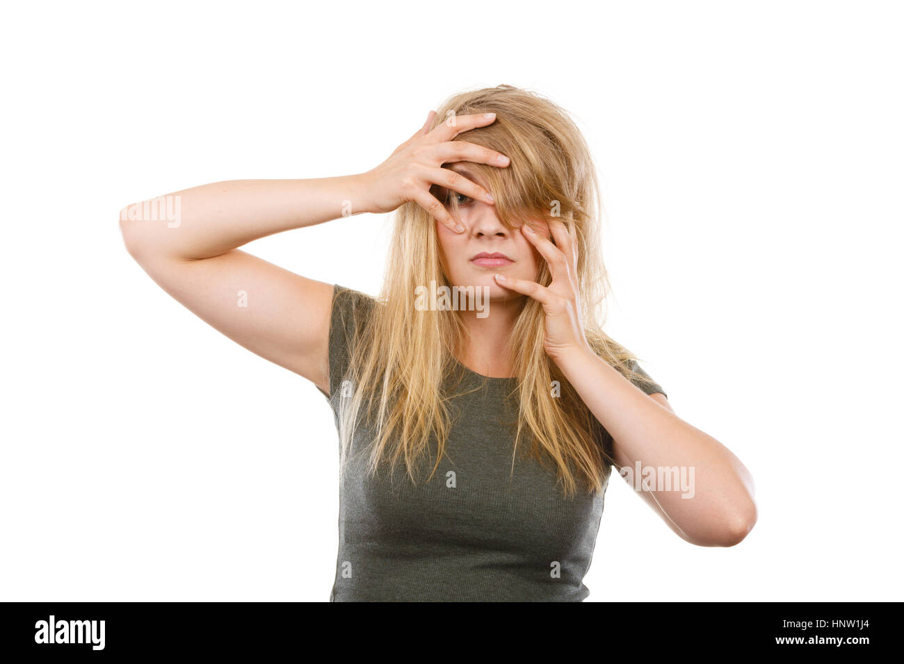 Emotions, embarrassment, awkwardness gestures concept. Ashamed blonde ...