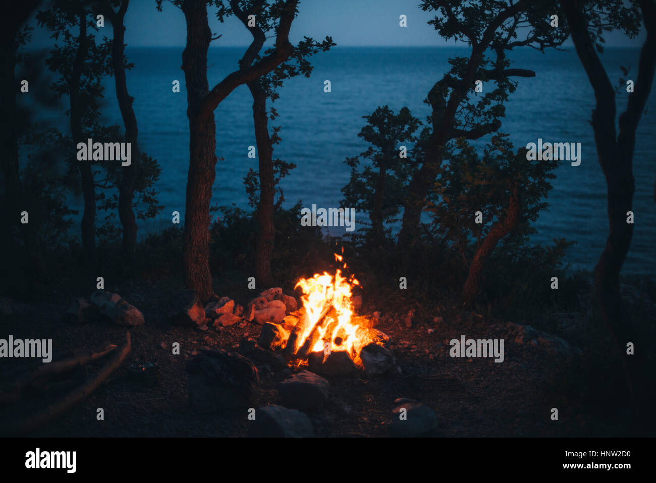 Campfire at night near ocean Stock Photo - Alamy