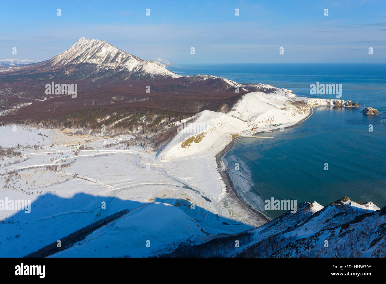 Winter view of the bay from the mountain, Sakhalin, Russia Stock Photo ...