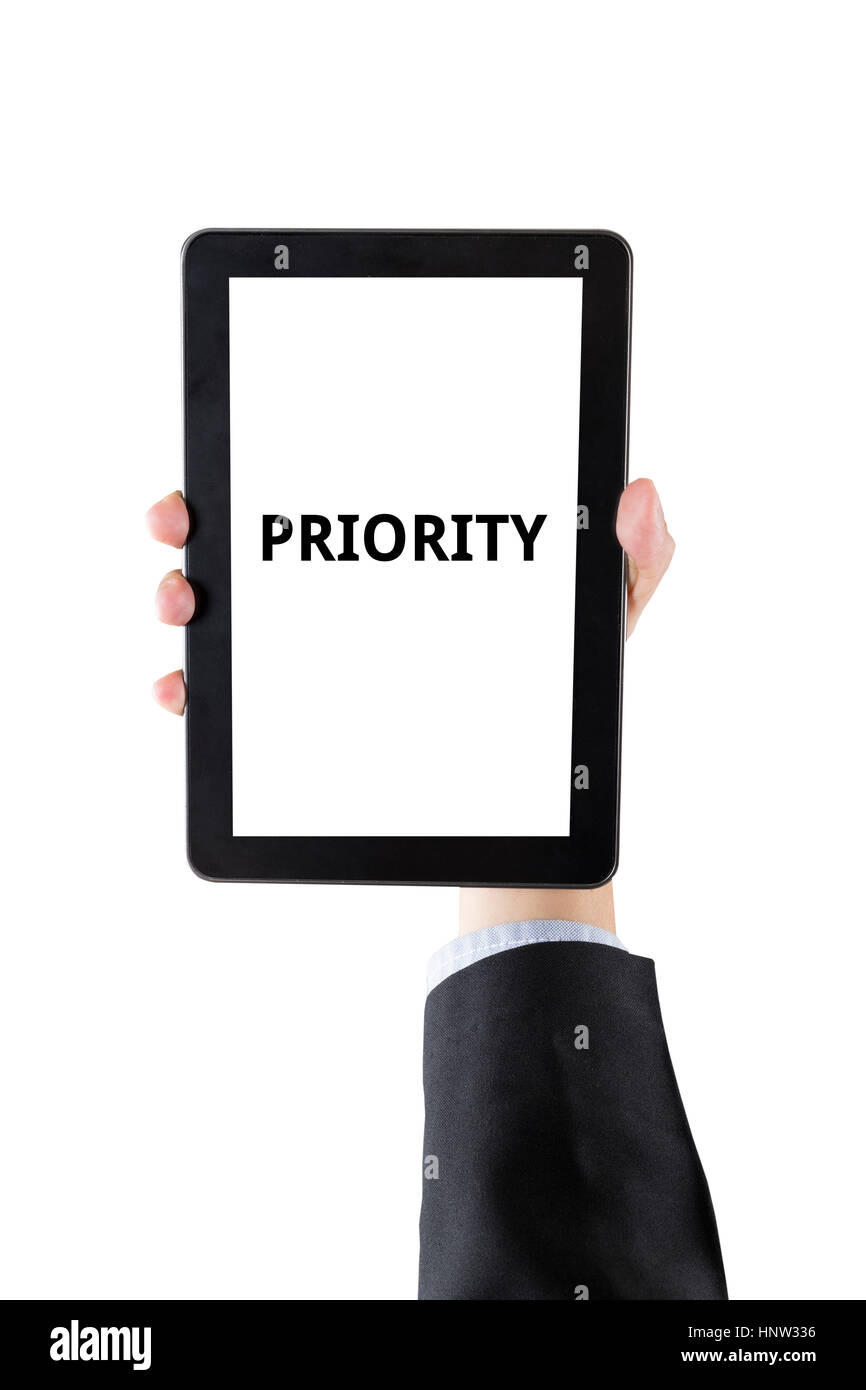 hand of businessman holding digital tablet with word priority isolated ...