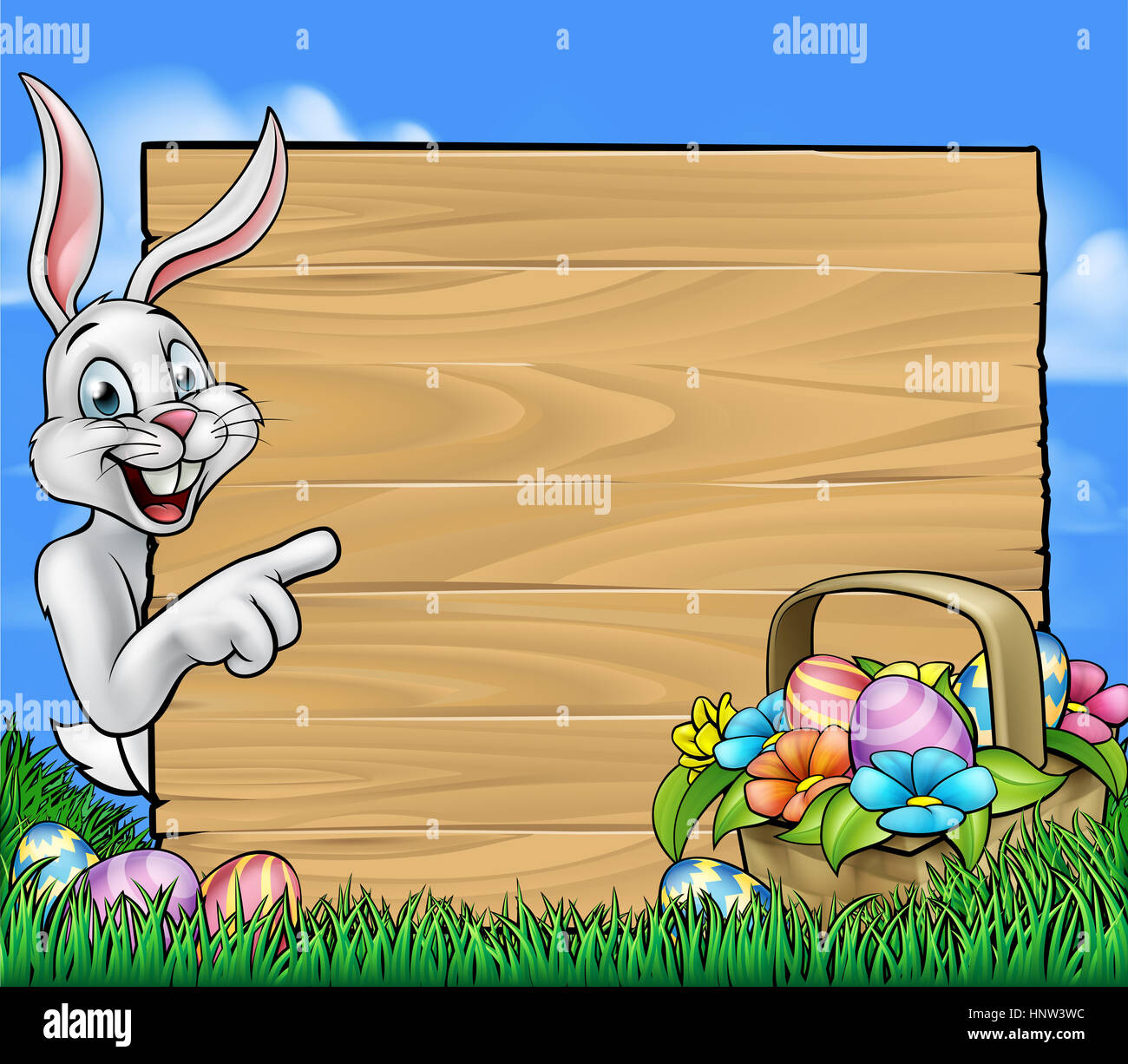 Easter bunny peeking around a background sign and pointing with a ...