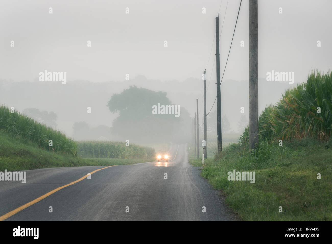 Car approaching on foggy two-lane road Stock Photo - Alamy