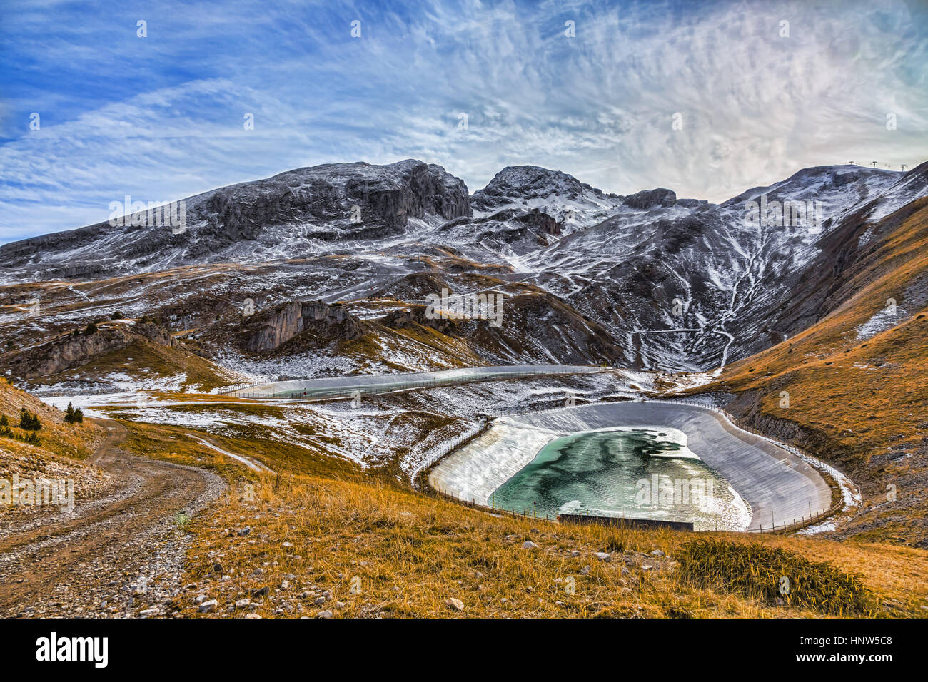 Winter landscape with two artificial lakes in Le Dévoluy Massif in ...