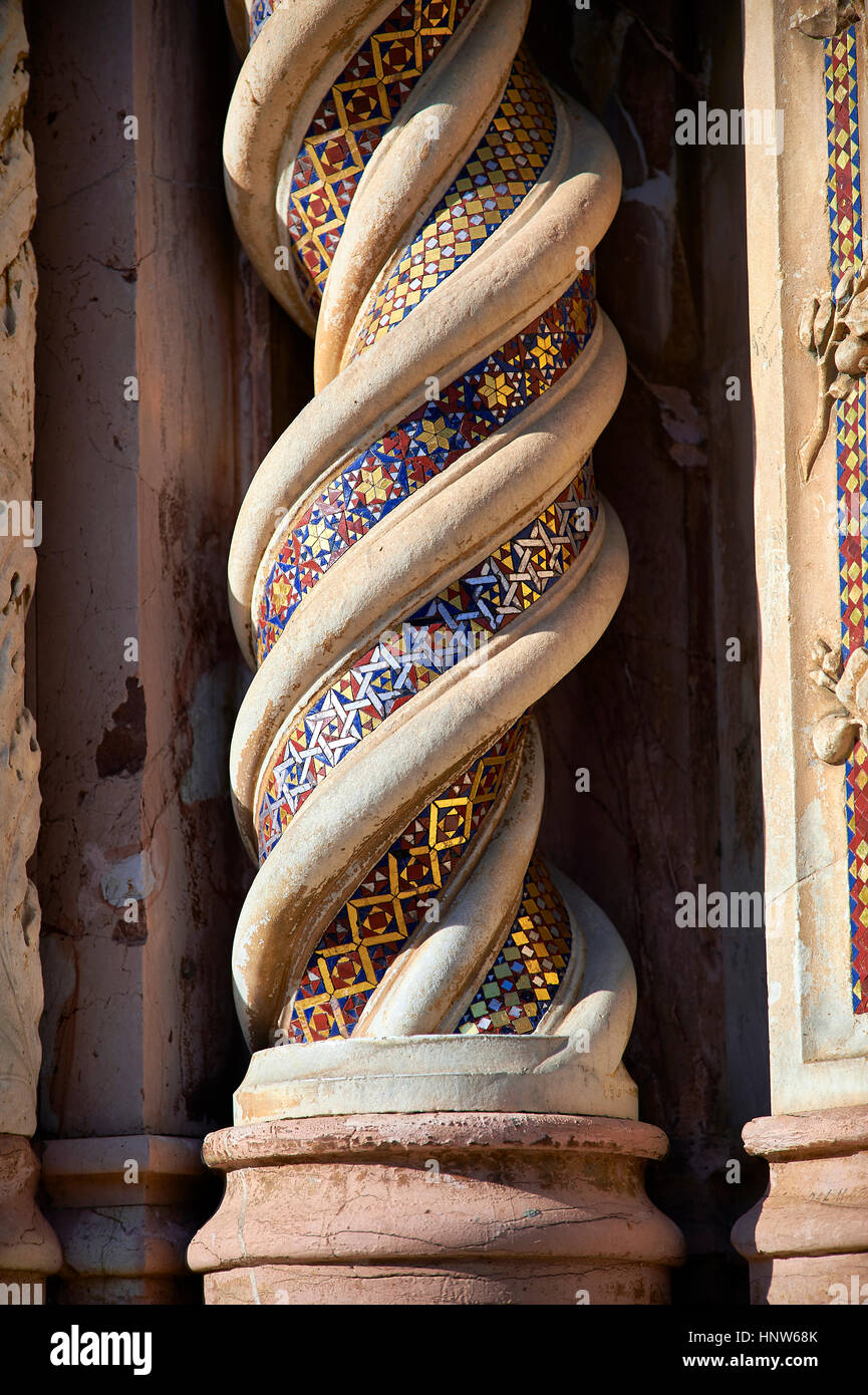 Close up of a medieval sculpted decotative twisting pillar on the14th ...