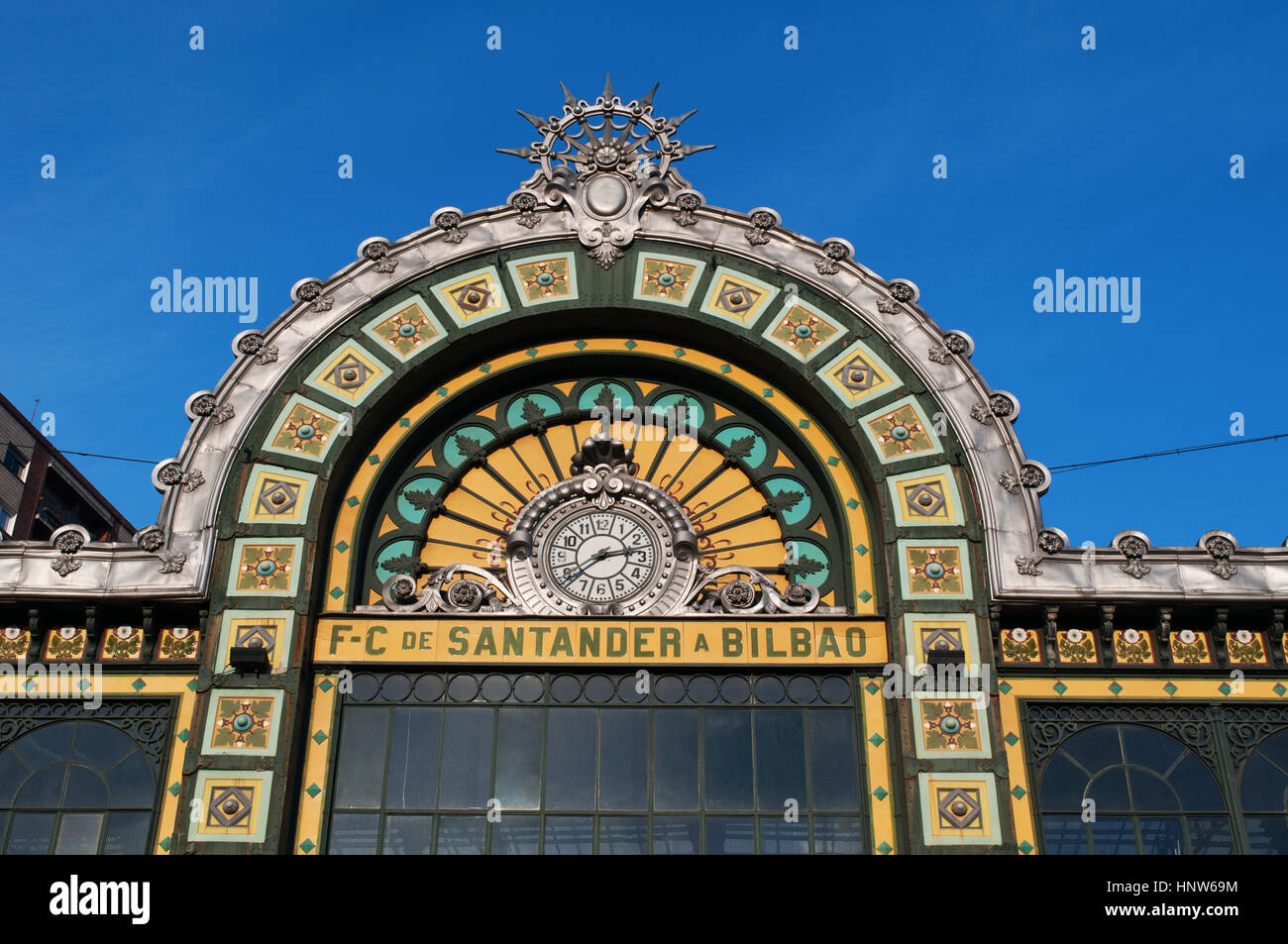 Bilbao, the sign and the decorations of the Bilbao Concordia station ...