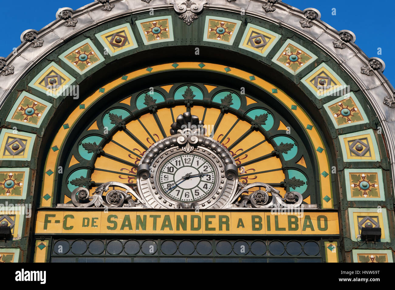Bilbao, the sign and the decorations of the Bilbao Concordia station ...