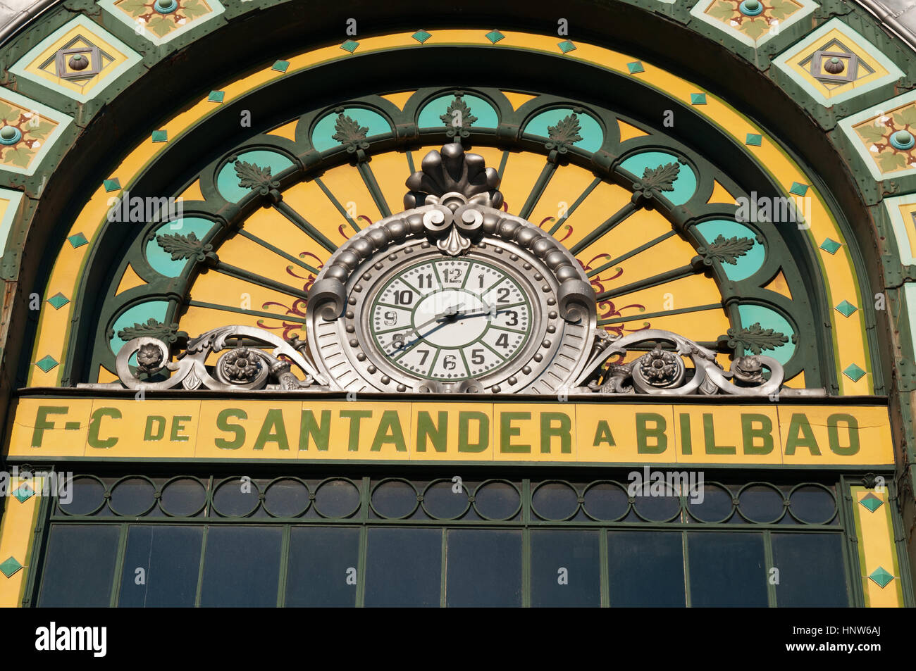 Bilbao, the sign and the decorations of the Bilbao Concordia station ...