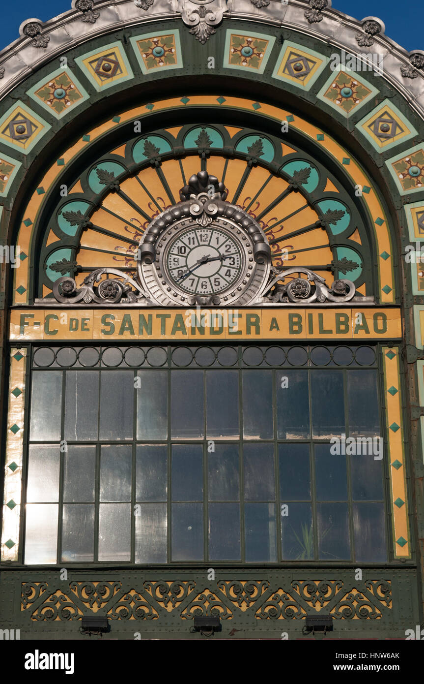 Bilbao, the sign and the decorations of the Bilbao Concordia station ...