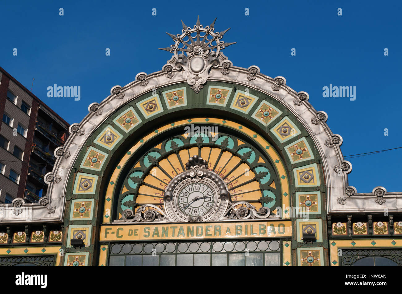 Bilbao, the sign and the decorations of the Bilbao Concordia station ...