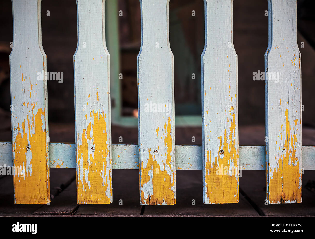 Closeup view of old wooden fence, painted in pale blue and pilled Stock ...