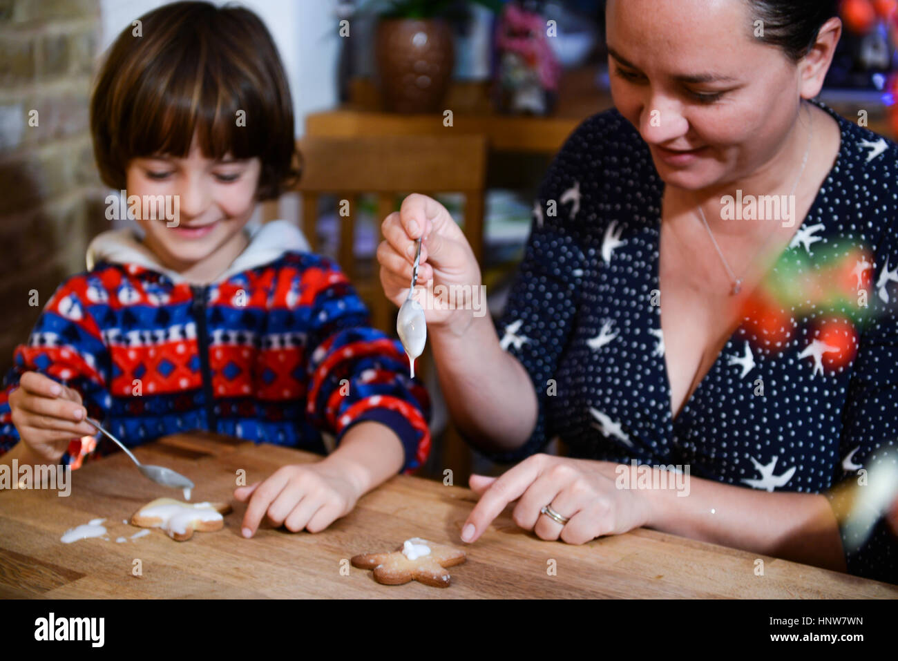 Mother and son at table icing home-baked Christmas biscuits Stock Photo ...