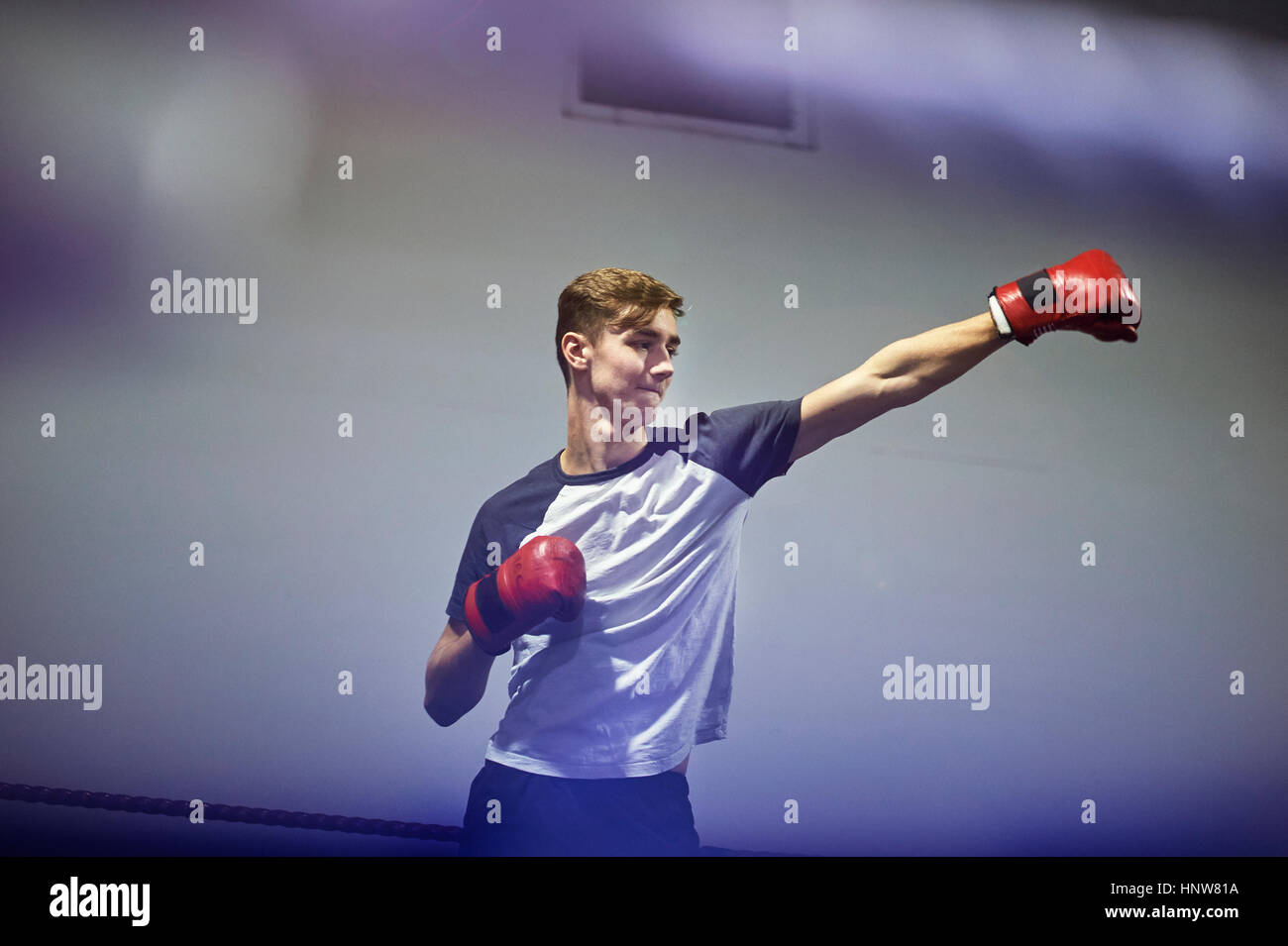 Young male boxer punching in boxing ring Stock Photo - Alamy
