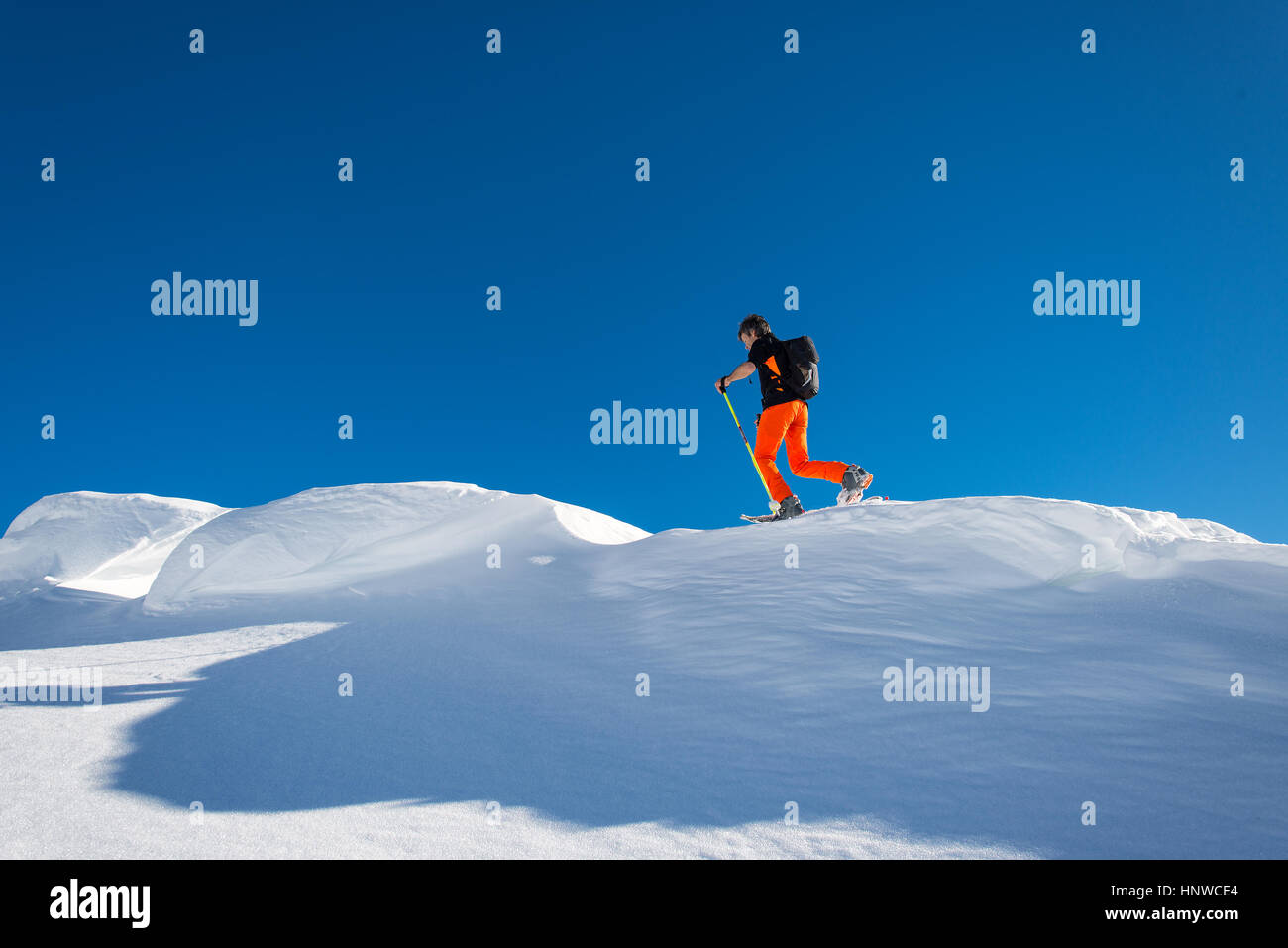 A man alpine skier climb on skis and sealskins In alpine ridge of alps ...