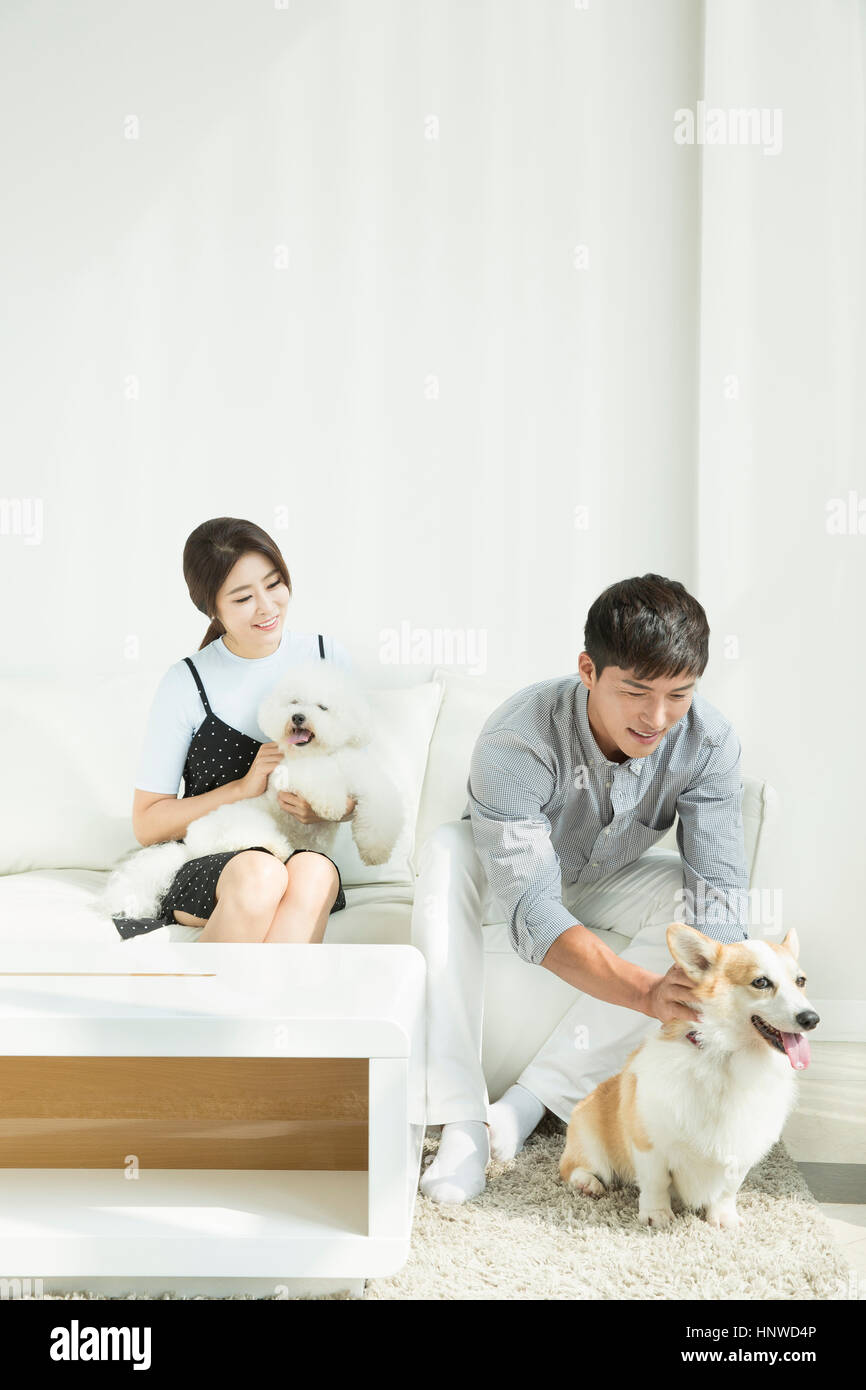Smiling couple with pet dogs Stock Photo - Alamy