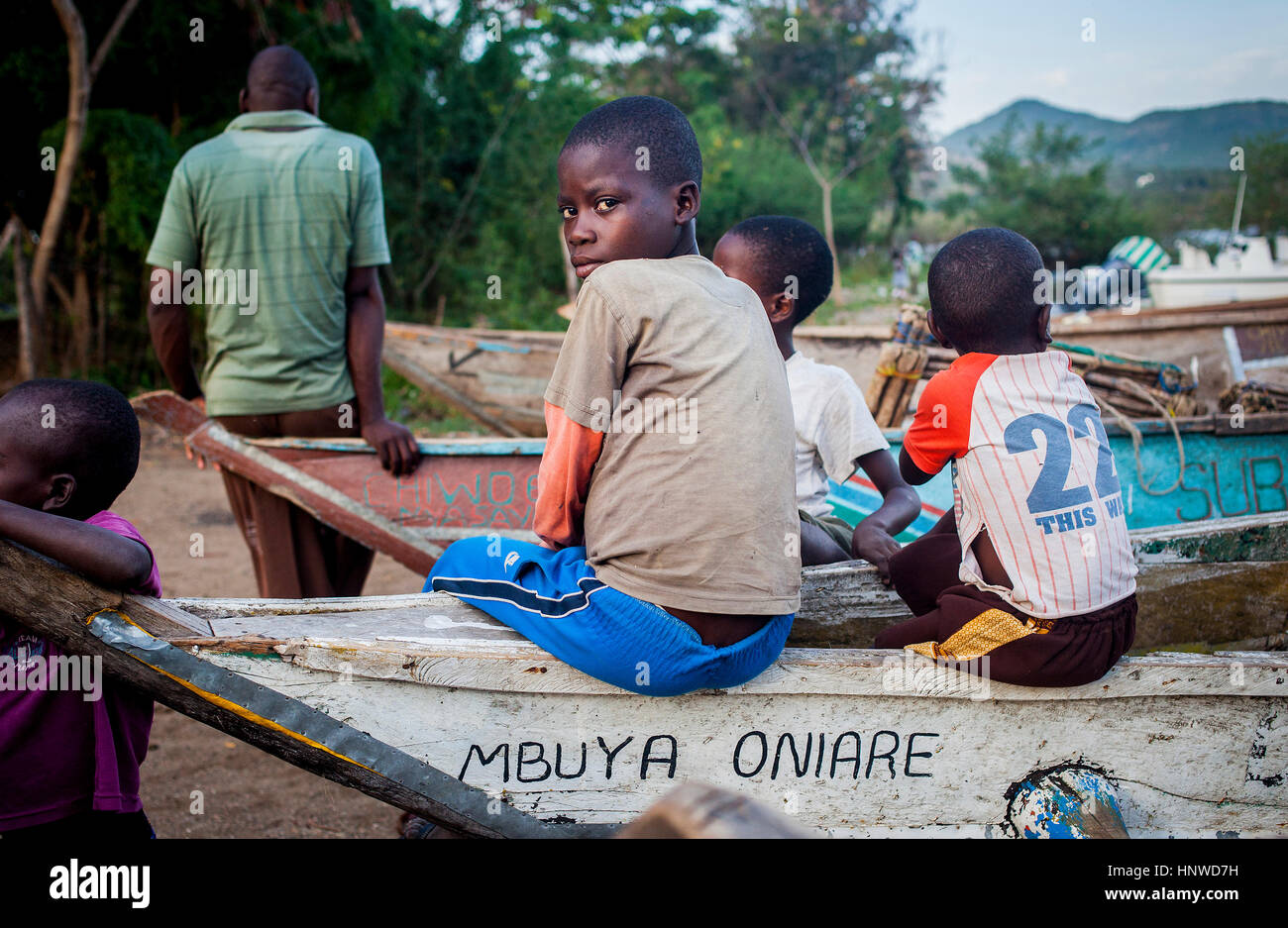 Children in the port,the fishing village of Kolunga, Rusinga Island ...
