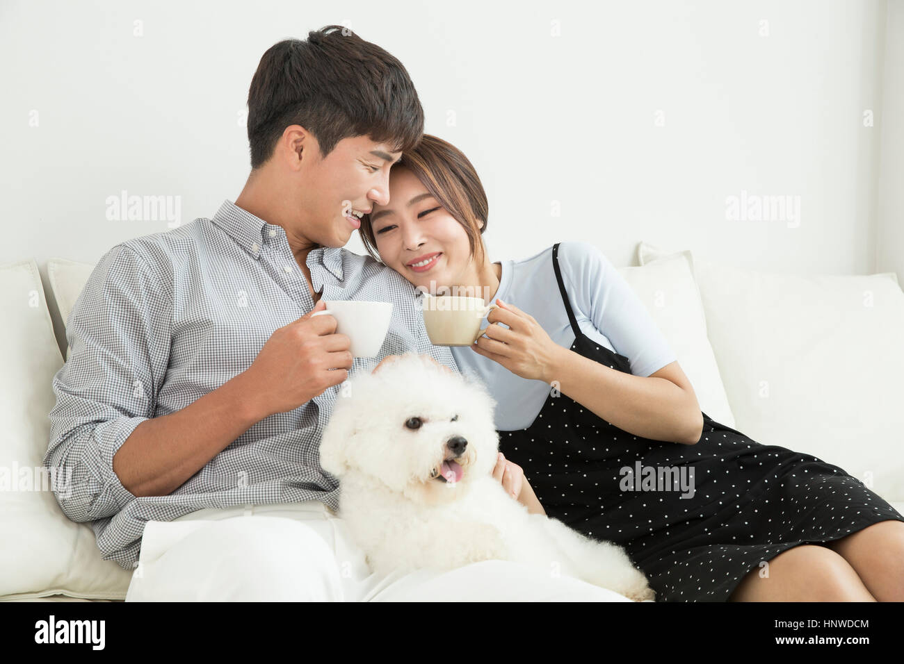 Harmonious couple with pet dog Stock Photo - Alamy