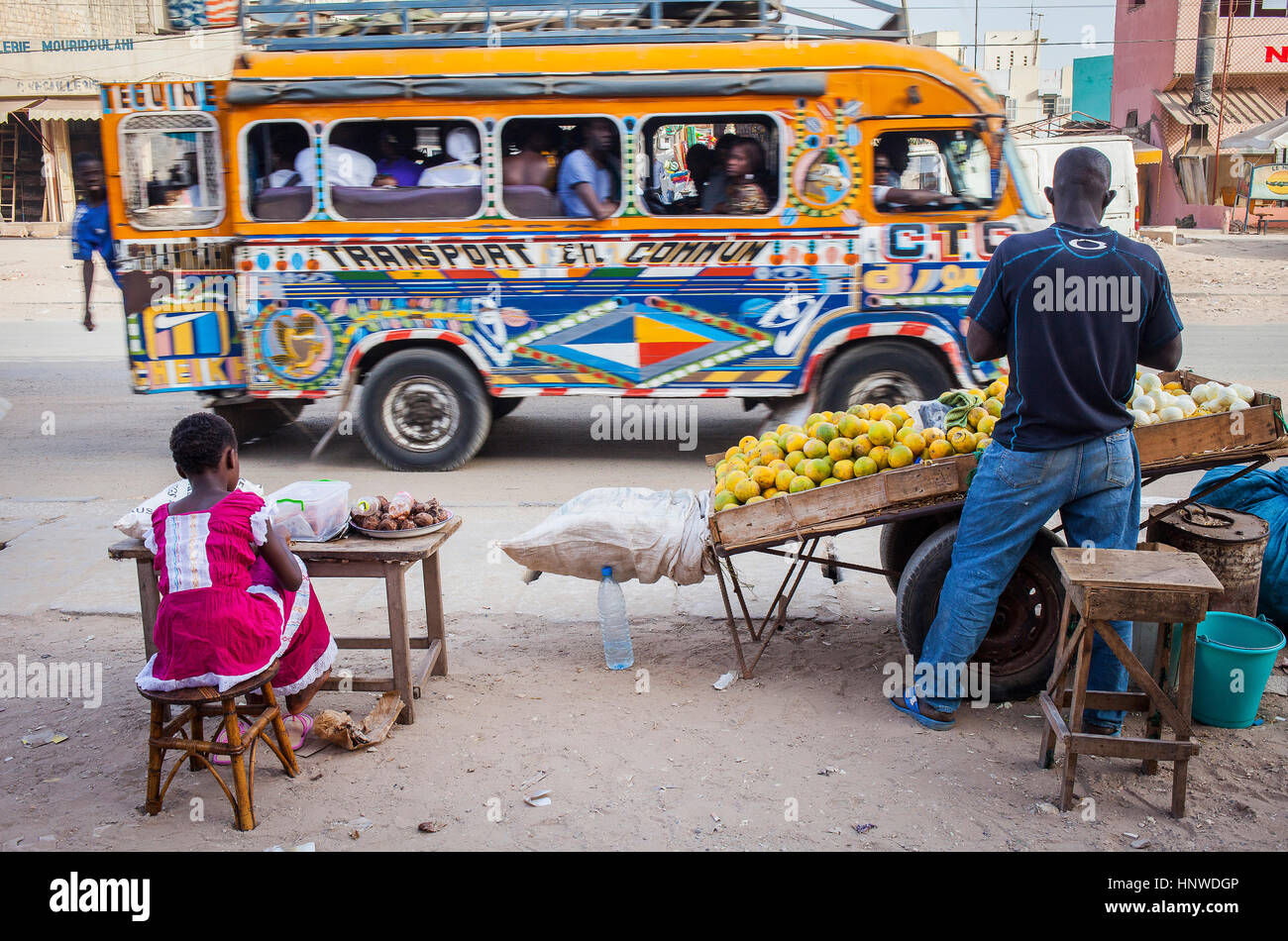 Street scene, Fruit stall and Traditional public transport bus, Dakar ...