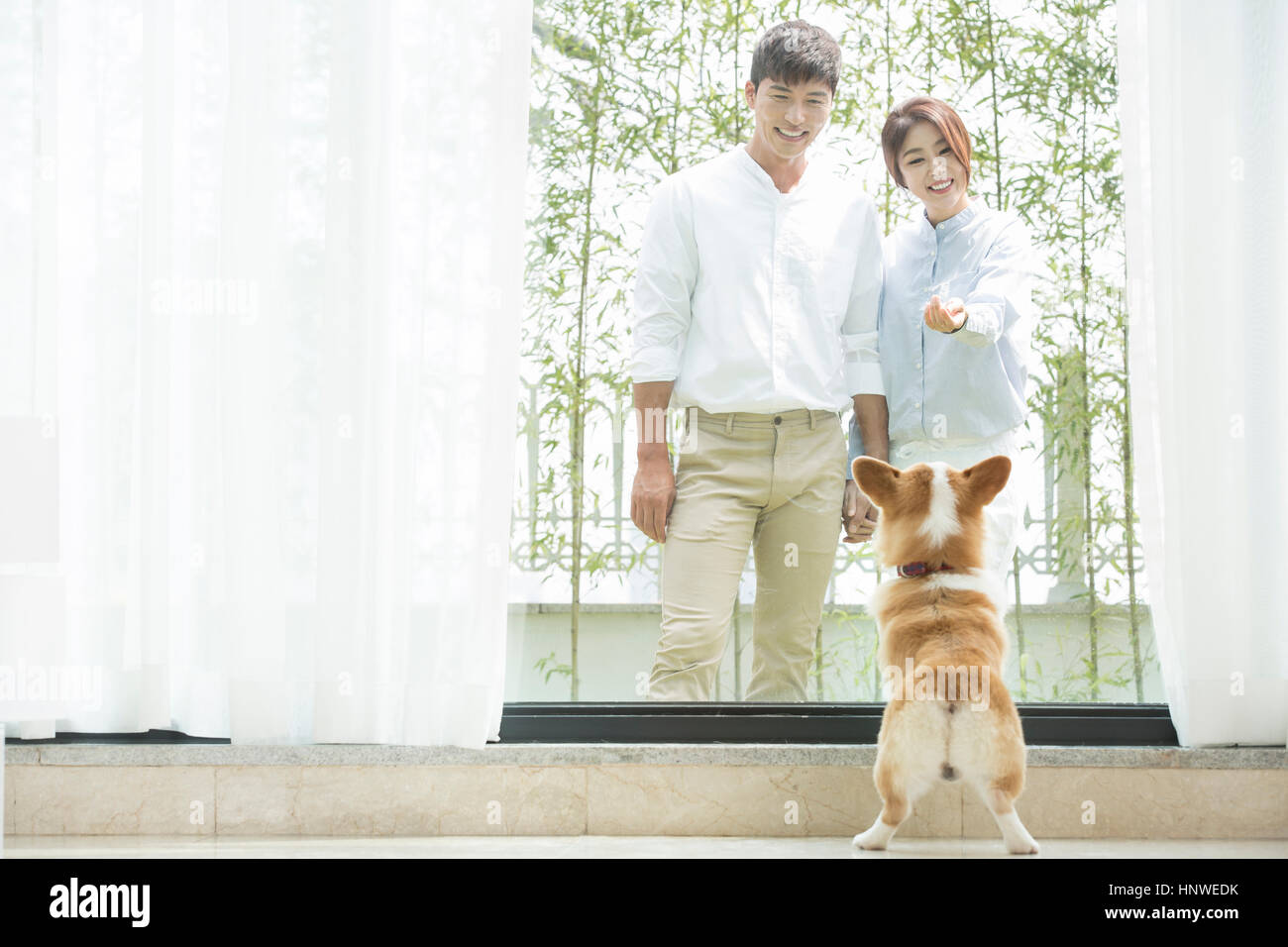 Smiling couple with pet Stock Photo - Alamy