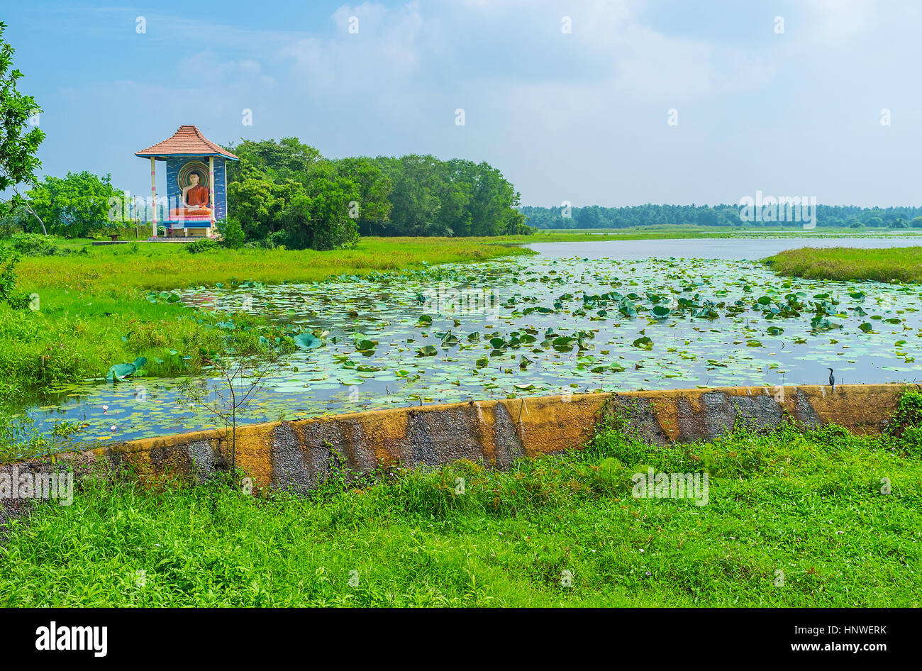 The picturesque Kaduhiti lake with Lord Buddha's Shrine located next to ...