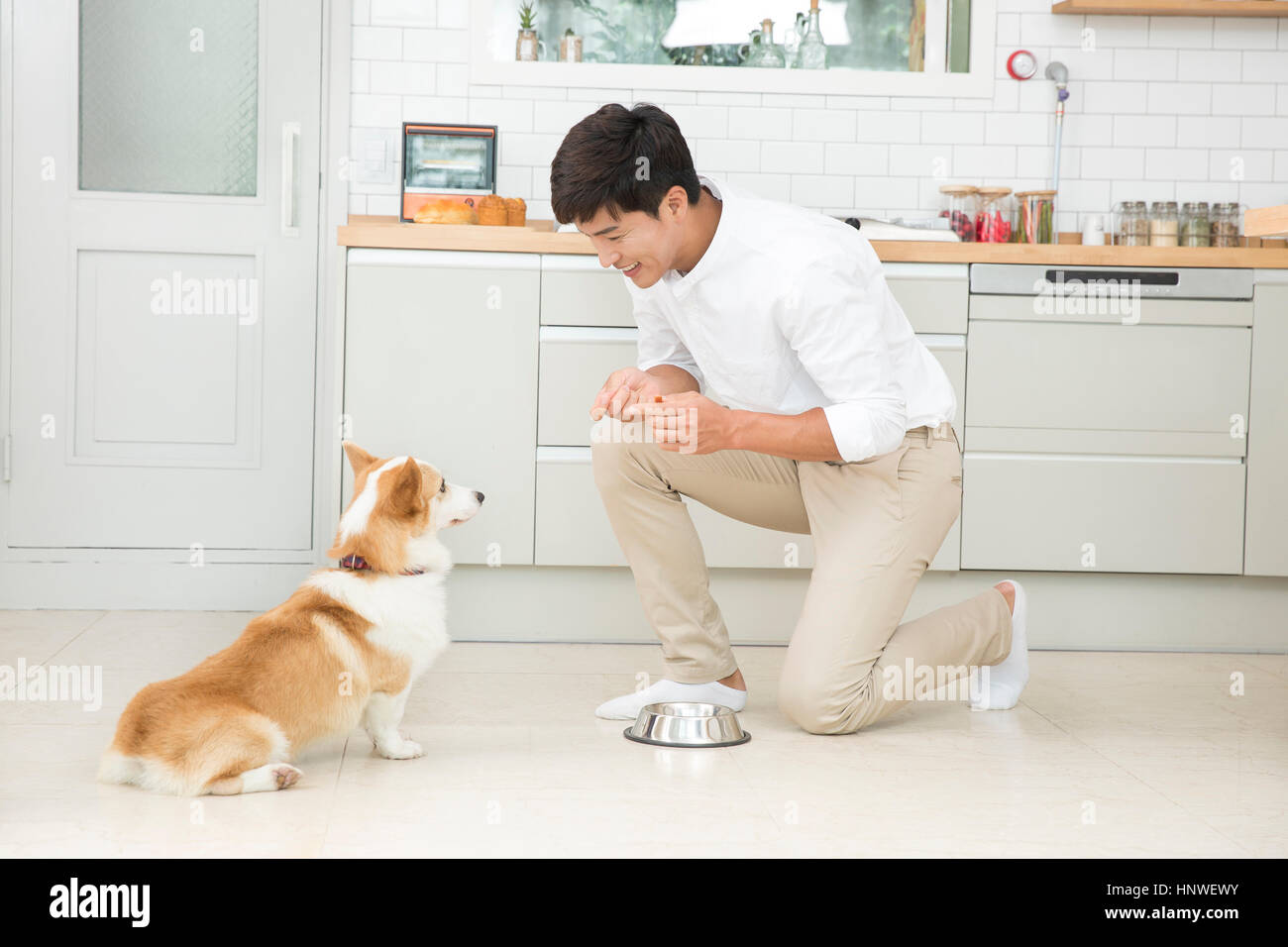 Smiling man with pet Stock Photo - Alamy