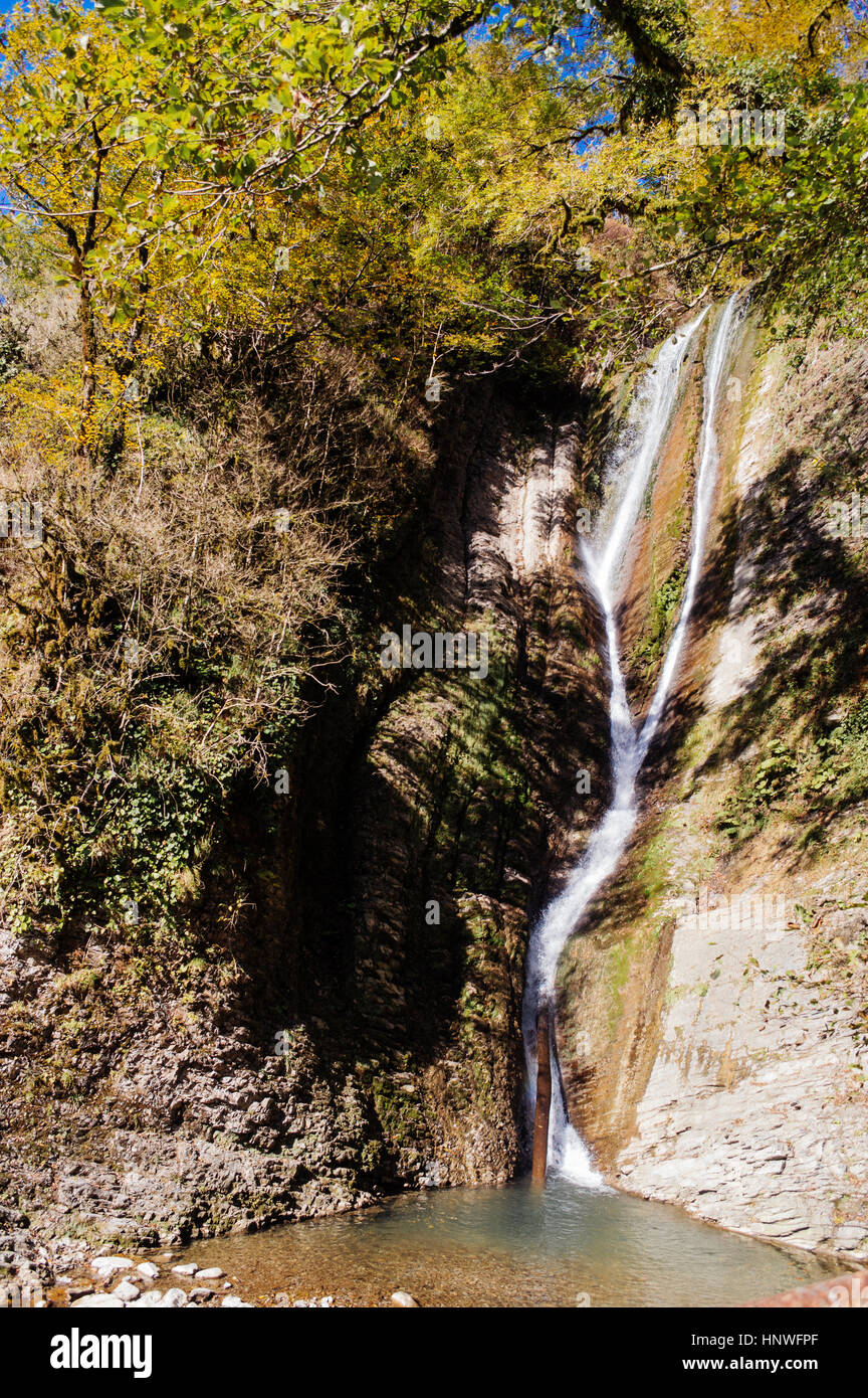 Mountain waterfall between rocks in the green forest Stock Photo - Alamy