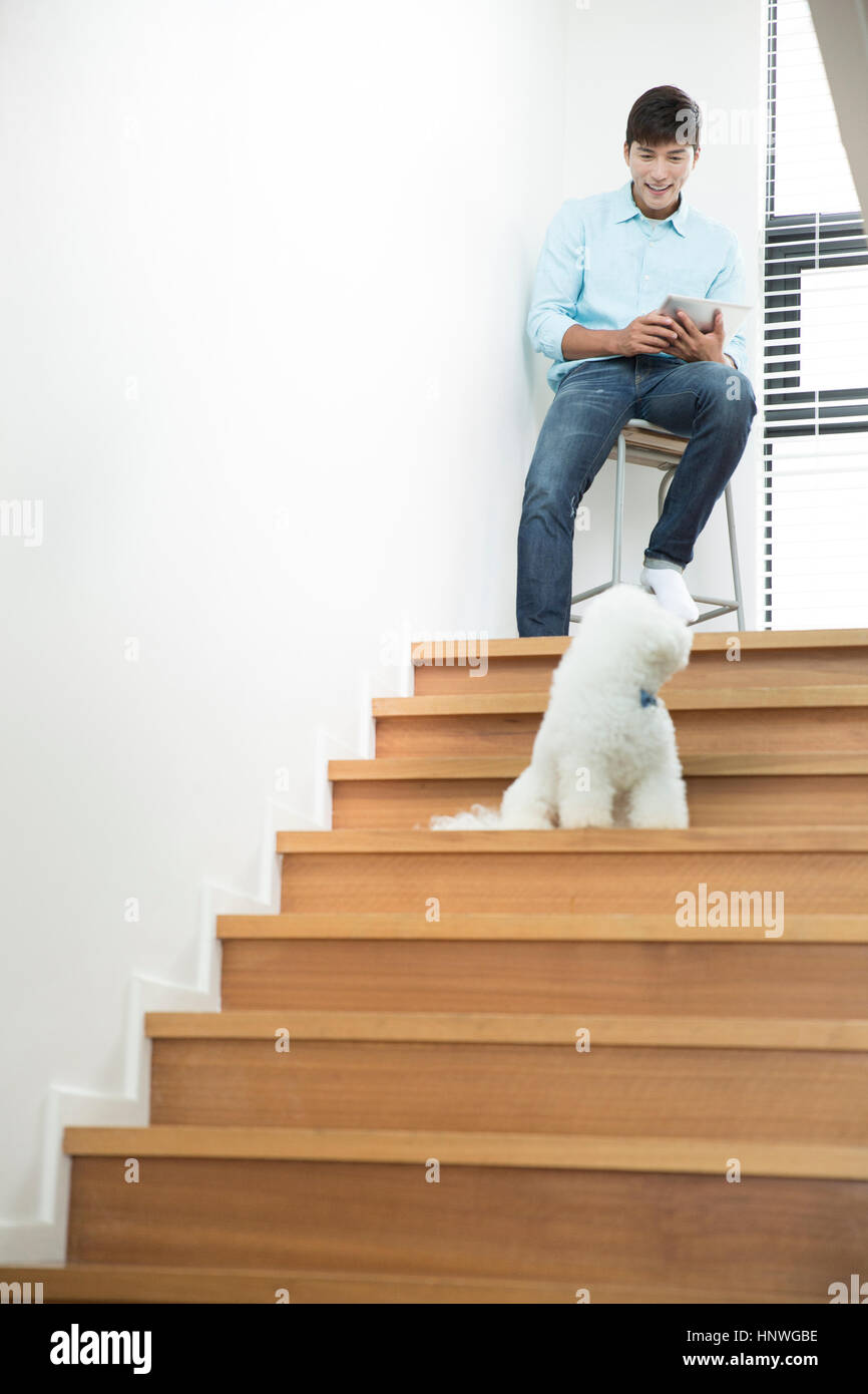 Smiling man watching his pet dog Stock Photo - Alamy