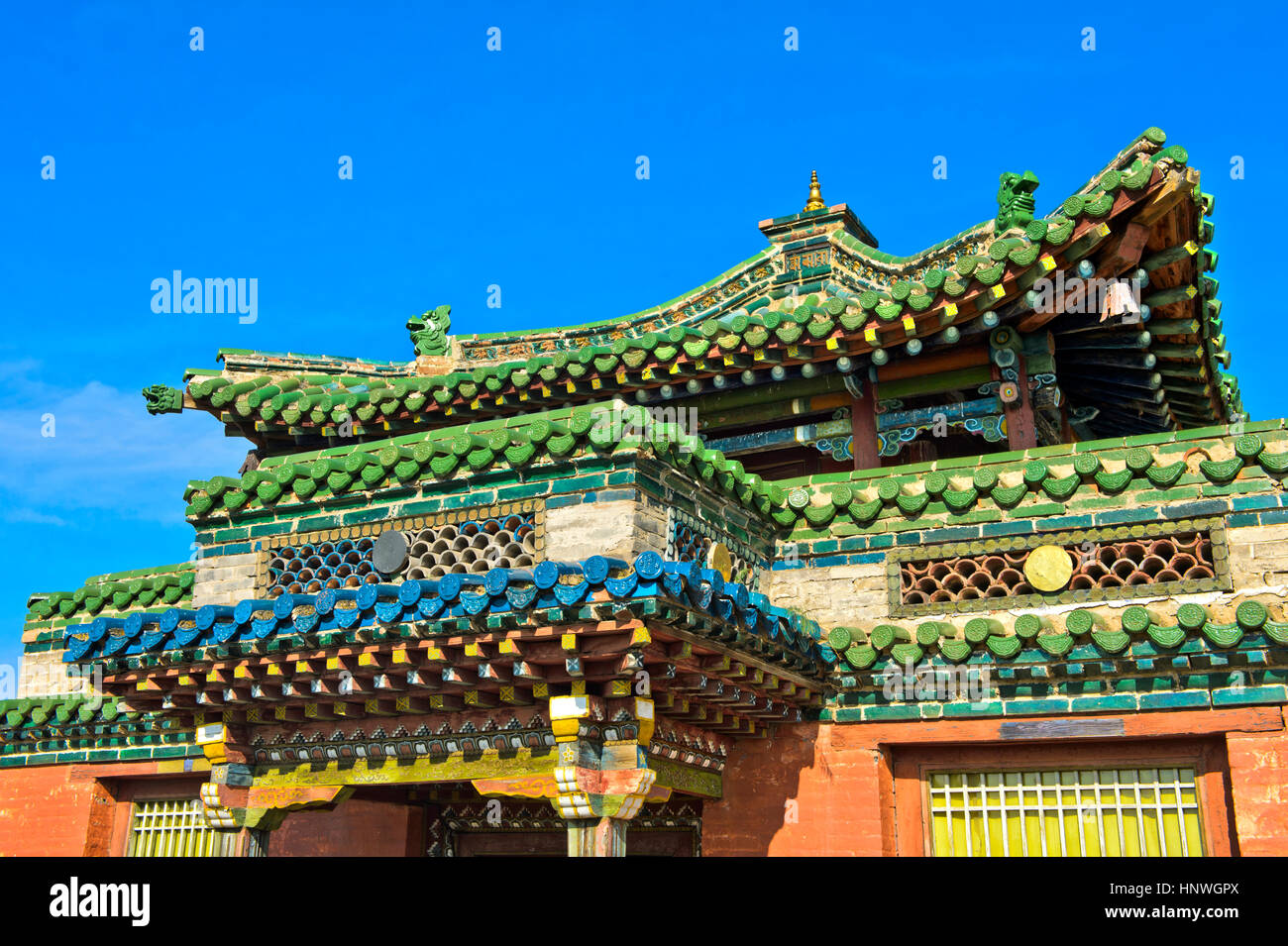 Roof construction in the Tibetean style of the Temple of Dalai Lama at ...