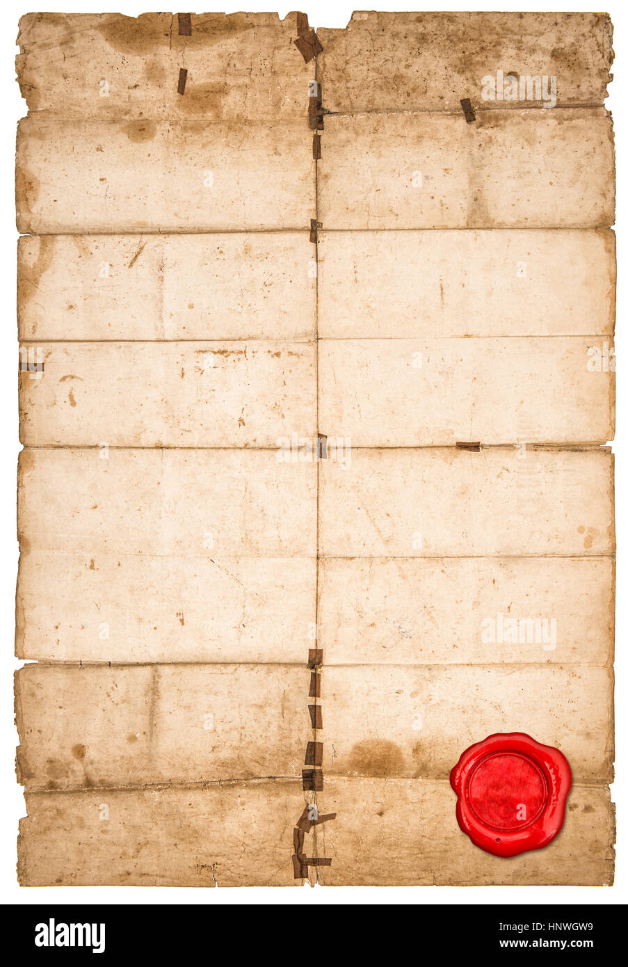 Paper sheet red seal isolated on white background. Used stained paper ...