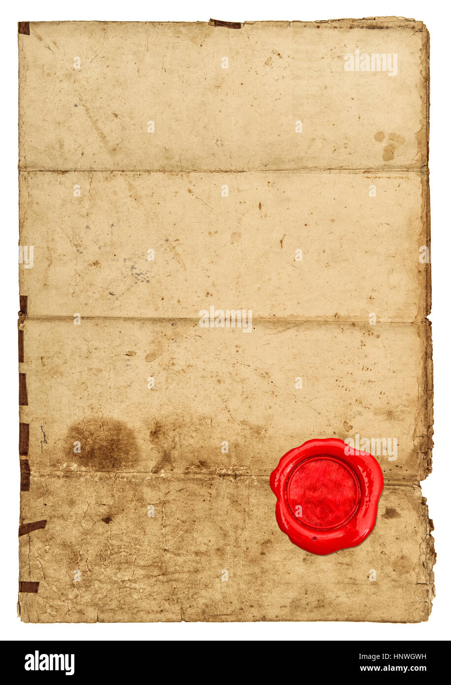 Used paper texture with edges. Worn paper sheet and red seal on white ...